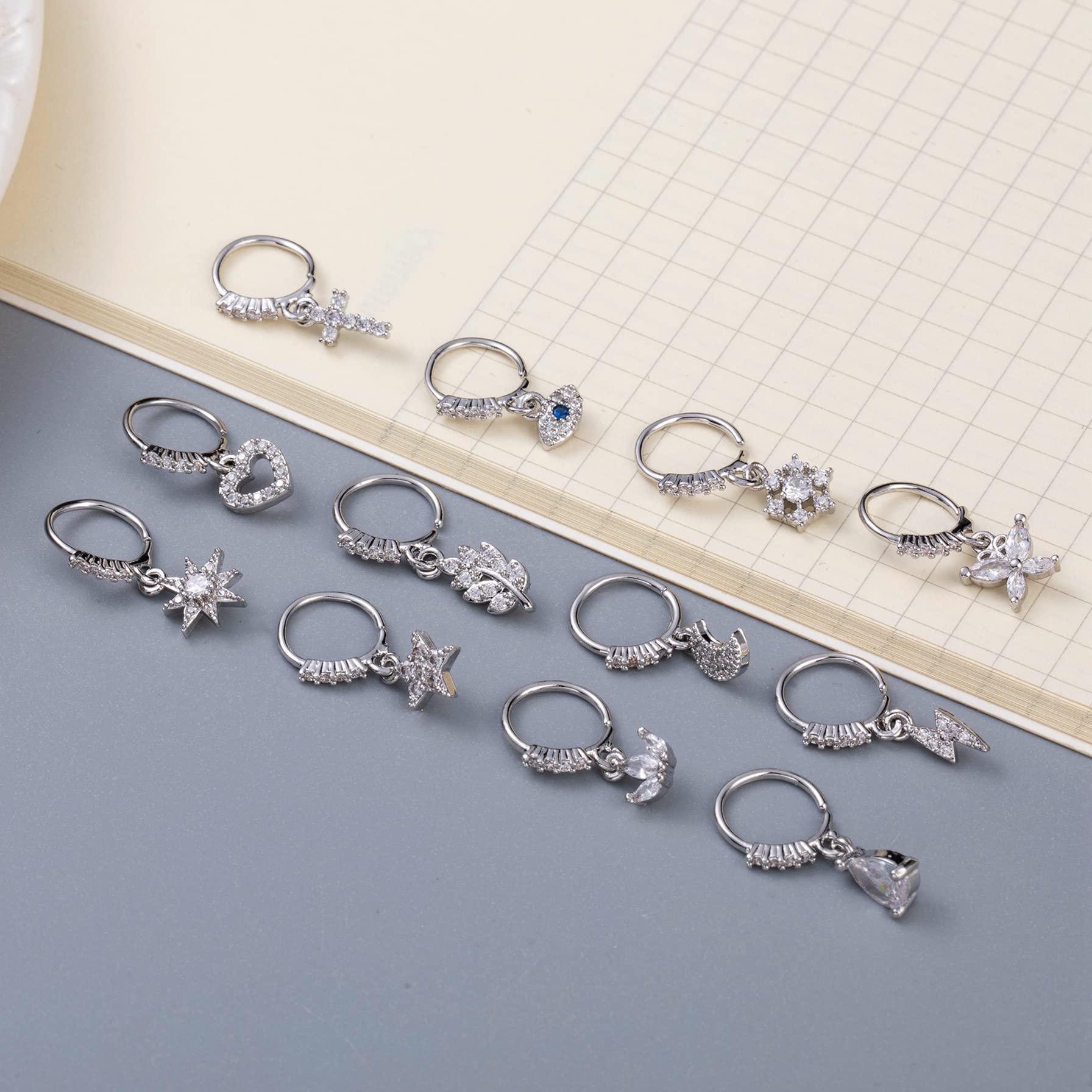 LOAYHOAY 12PCS Dangle Nose Ring Hoop for Women Cartilage Helix Earring Moon Star Cross Evil Eye Dangle Nose Piercing Set G