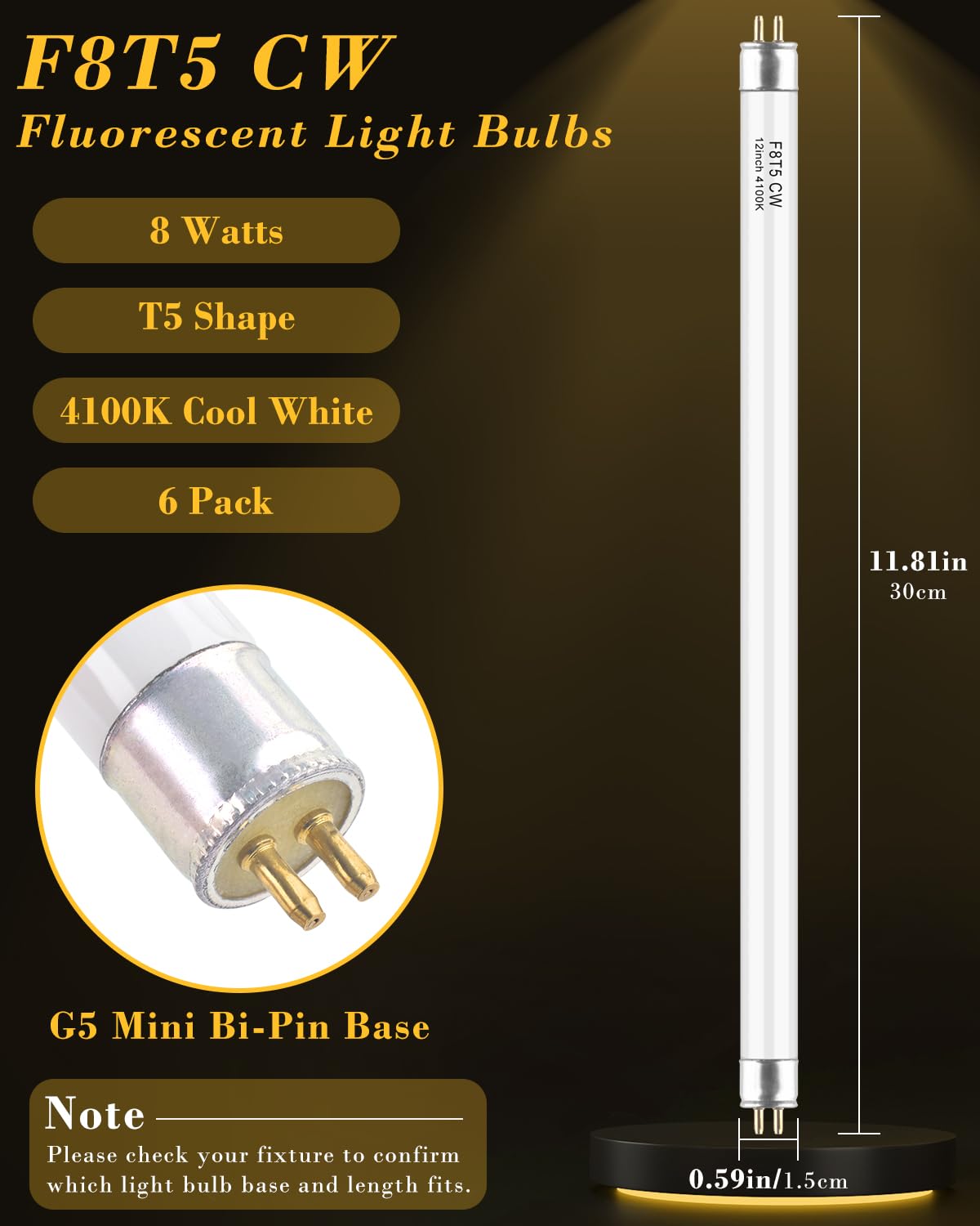 PACETAP F8T5 CW 4100k Fluorescent Bulbs 12 Inch 6 Pack, 8 Watts Linear Under Cabinet Fluorescent Light Bulb, G5 Mini Bi Pins Base Replacement Tube for Under Cabinet Light, RV, Closet