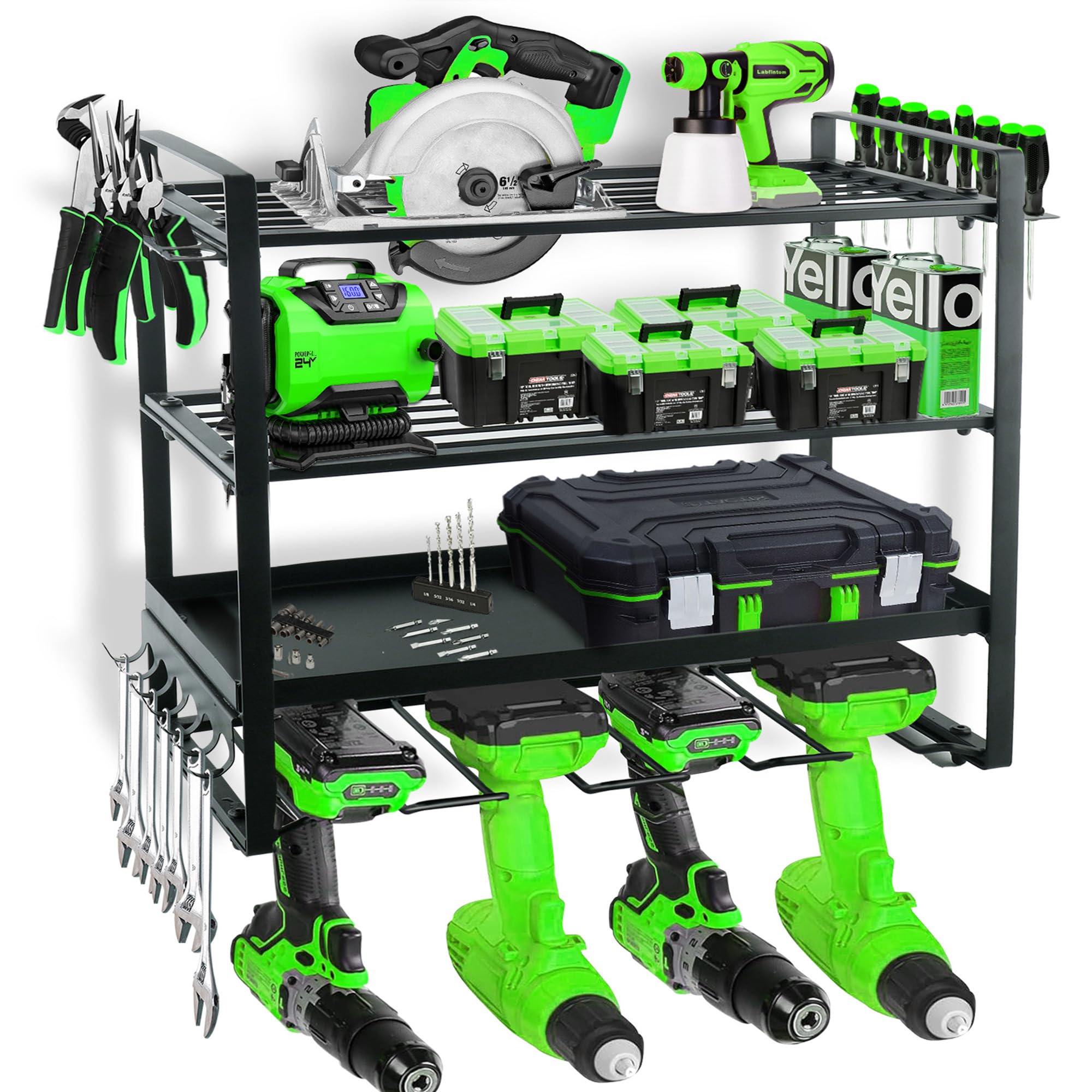 Power Tool Organizer Wall Mount, 4-Layer Heavy-Duty Tool Storage Shelf,4 Drill Holder Wall Mount, Cordless Tool Organizer with Screwdriver, Plier, and Hammer Holders for Garage Workshop(1 Pack)
