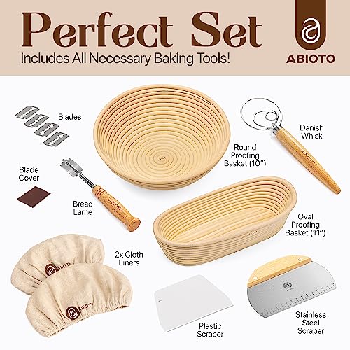 Sourdough Bread Baking Supplies and Proofing Baskets, A Complete Bread Making Kit Including 10" Round & 11" Oval Rattan Bannetons, Bread Lame, Bowl & Dough Scrapers, Danish Whisk and Linen Liners