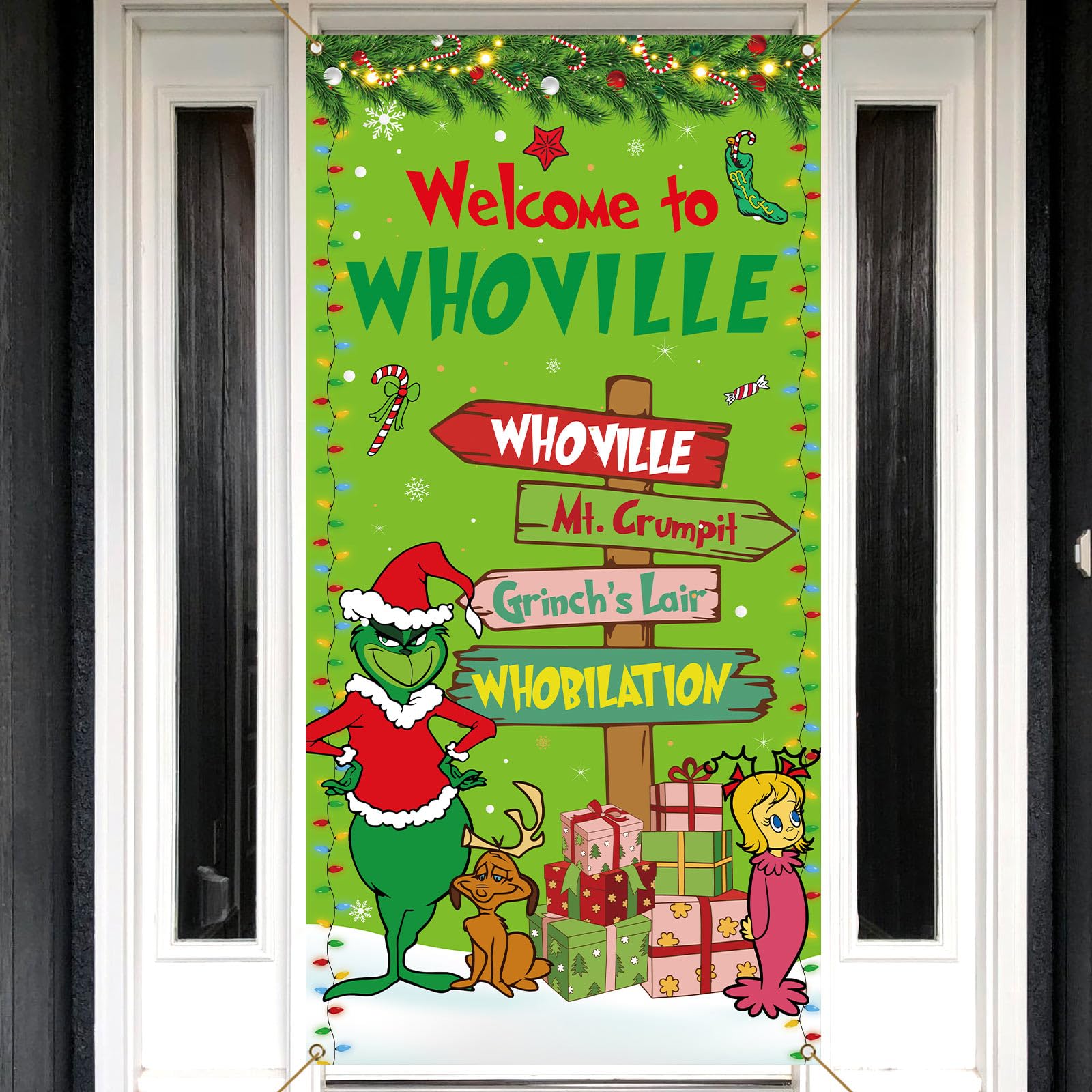 Sunwer Welcome to Whoville Door Cover Green Elf Christmas Winter Holiday Party Decoration Front Porch Sign Backdrop Banner for Home Indoor Outdoor Decor