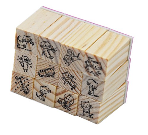 Youkwer 12 Pcs Mini Cute Wooden Rubber Stamps Set For Letters,Diary Craft,Scrapbooking in Matchbox(Vintage Lovely Cat)