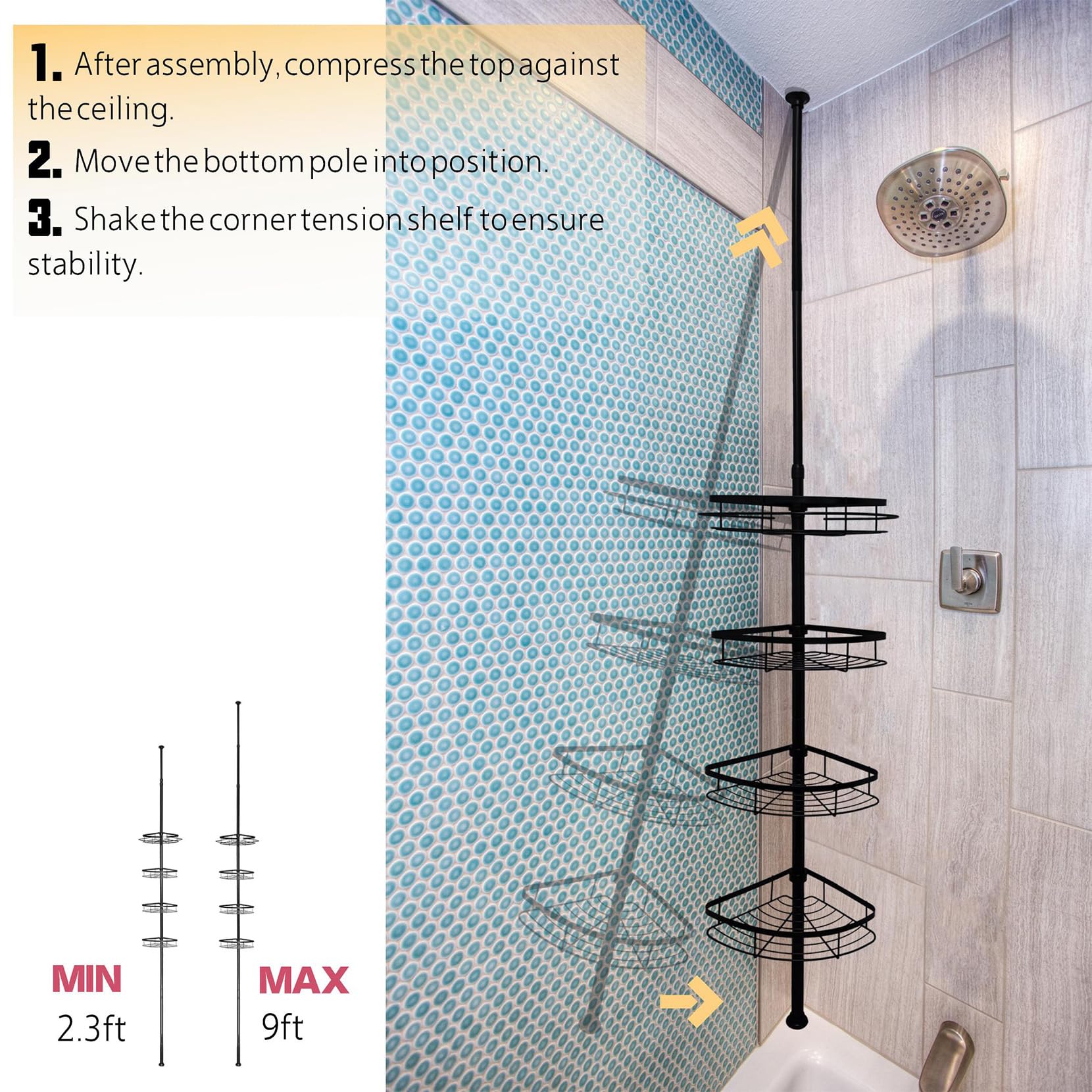 Shower Caddy Corner Tension Pole, Corner Shower Organizer, Standing Shower Caddy Corner, 4-Tier Adjustable Shelves with Tension Pole 27 to 108 Inch (TP010)