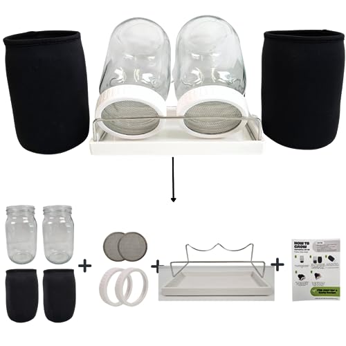 ON THE GROW - Complete Sprouting Kit - 2 Large 32oz Wide-Mouth Mason Jars, Premium Screen lids, Blackout Sleeves, Tray and Sprouter Stand - for Growing Broccoli, Mung Bean, Alfalfa Sprout from Seed
