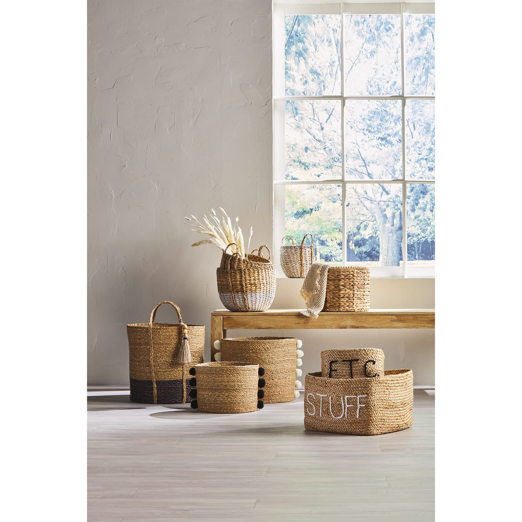 Mud Pie Seagrass Basket Set, White, 13 1/2" x 13" dia