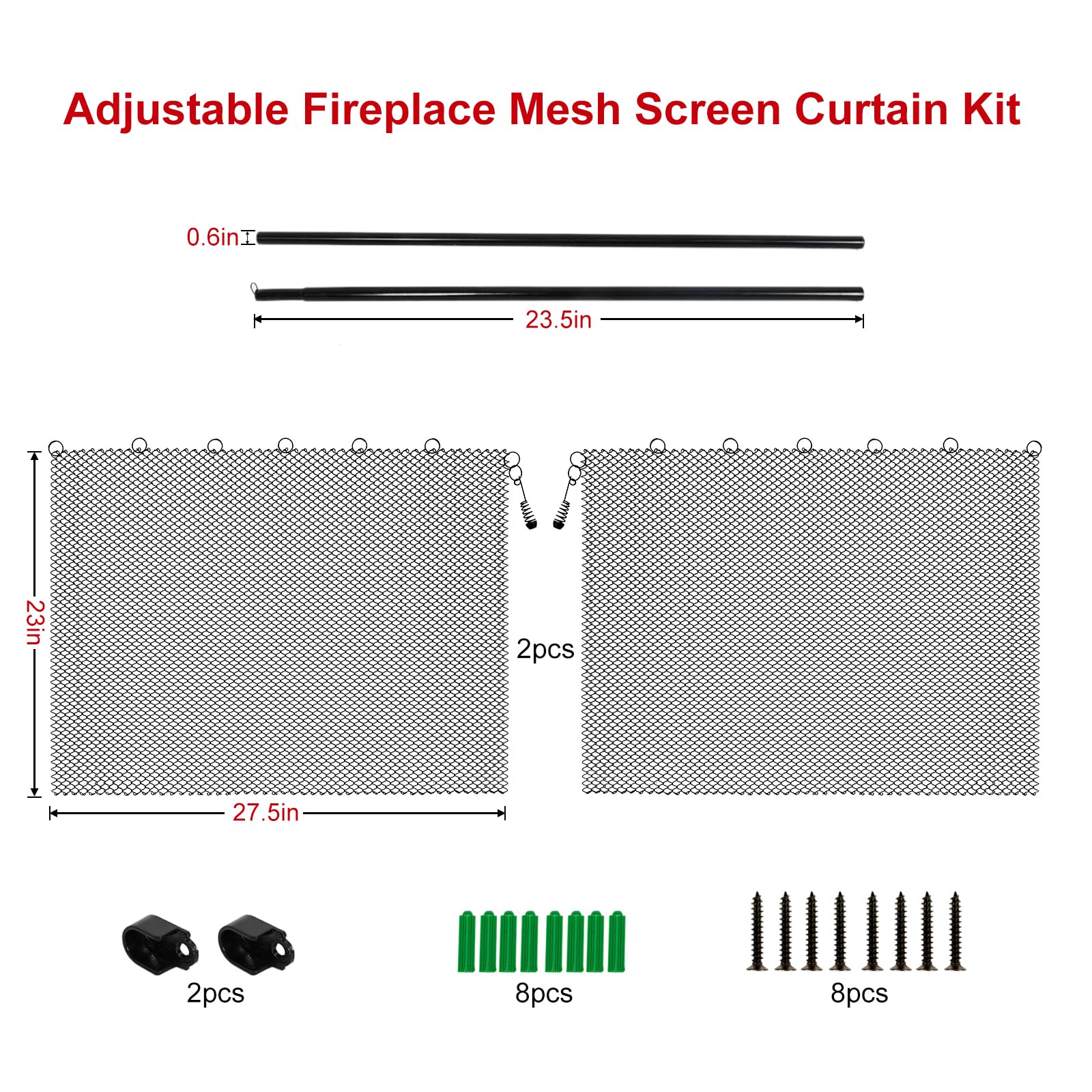 Rilth Fireplace Mesh Screen Curtain Kit with Adjustable Fireplace Curtain Rod, Adjustable Fireplace Screen Panels 23" H × 27.5" W Black Matte