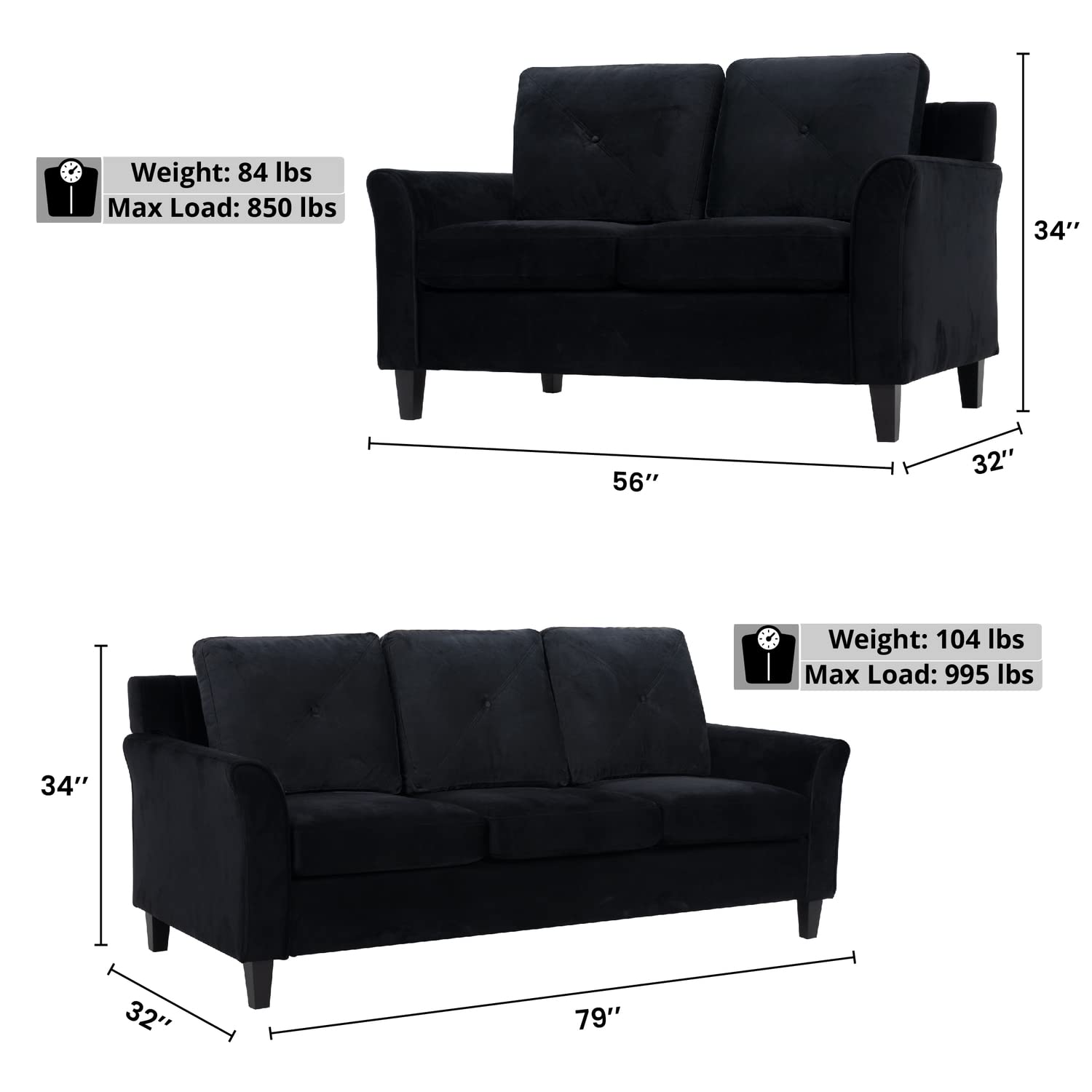 Naomi Home Black Button Tufted Sofa & Loveseat Set, Black Modern Microfiber Furniture for Small Spaces, Durable and Sturdy, Tool-Free Assembly, Affordable Living Room Sofa Cama, Stylish and Compact