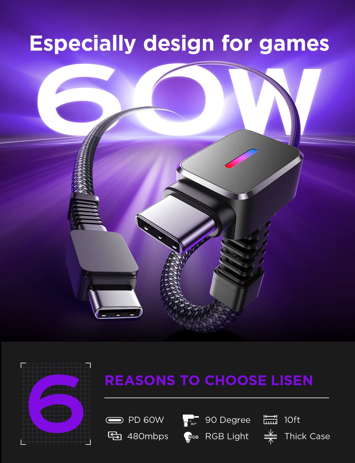 LISEN USB C to USB C Cable 10FT, 90° Right Angle Design Steam Deck PD Fast Charge Cord Specially Designed for Games Compatible with iPhone 16 pro max/15/14/13 Switch, Samsung Galaxy, MacBook, iPad