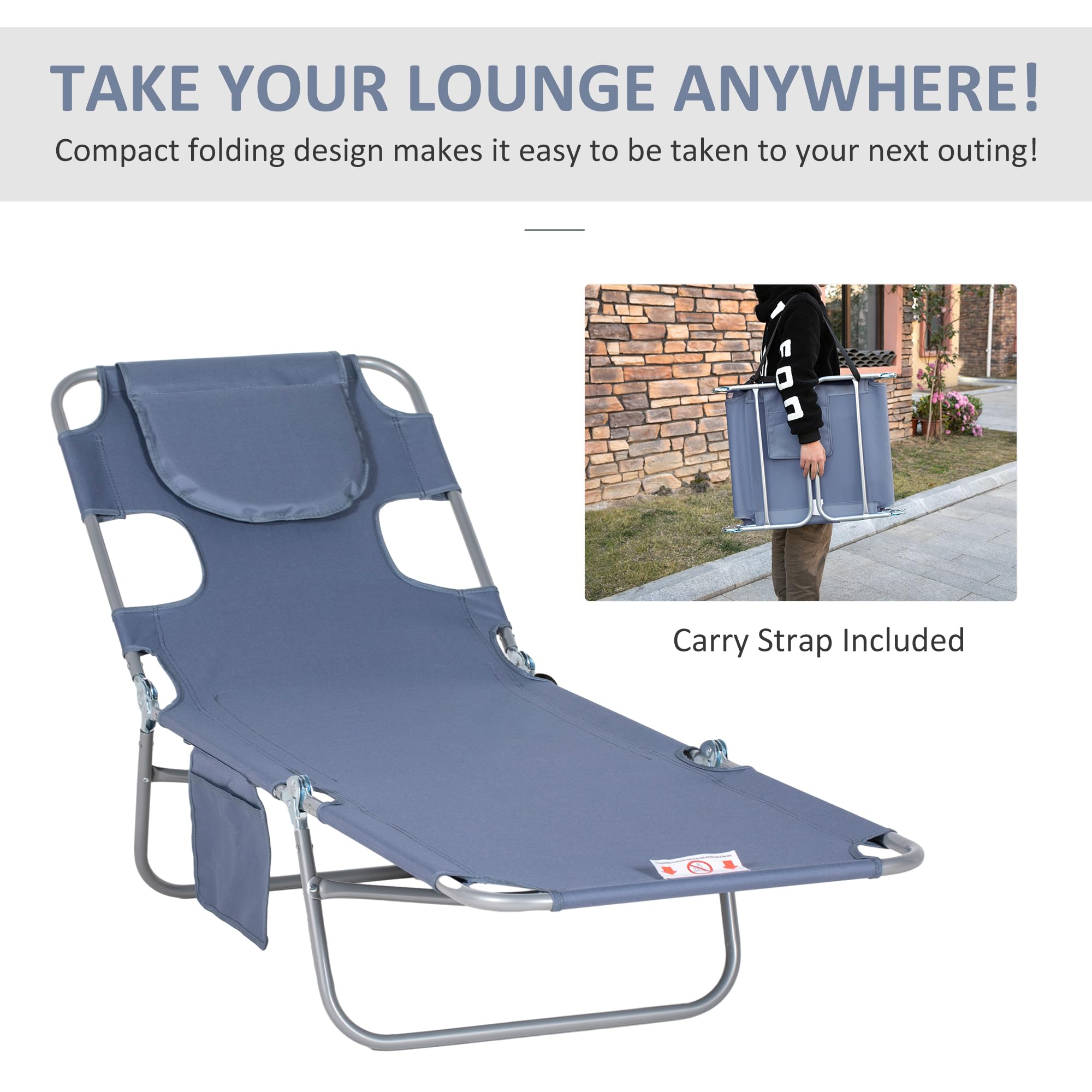 Outsunny Folding Beach Lounge Chair with Face Hole and Arm Slots, 5-Level Adjustable Sun Lounger Tanning Chair with Pillow for Patio, Garden, Beach, Pool, Gray