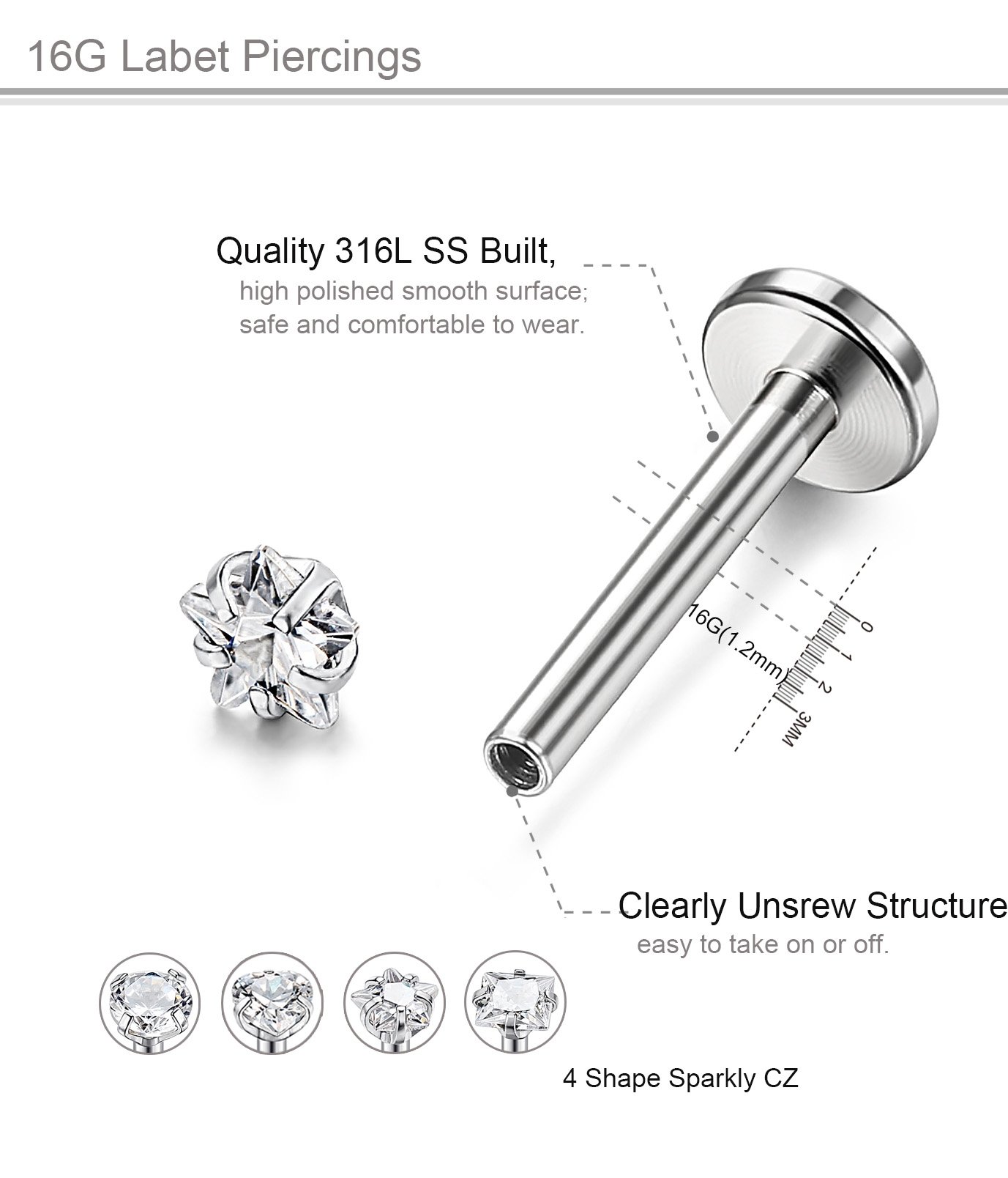 FUNRUN JEWELRY 4 Pairs 16G Stainless Steel Monroe Lip Rings Nose Studs Body Jewelry Piercing 3mm CZ 6mm