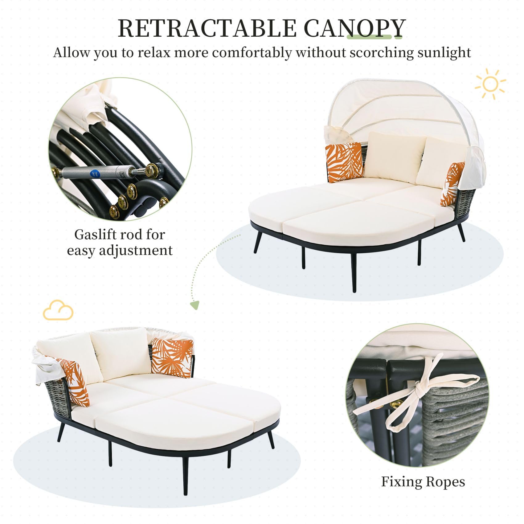 Merax 74.8" L Outdoor Daybed with Retractable Canopy Mattress Included, Patio Rattan Back Loveseat Sofa, Day Bed Throw Pillows and Cushions Set for Backyard, Poolside, Garden, Beige