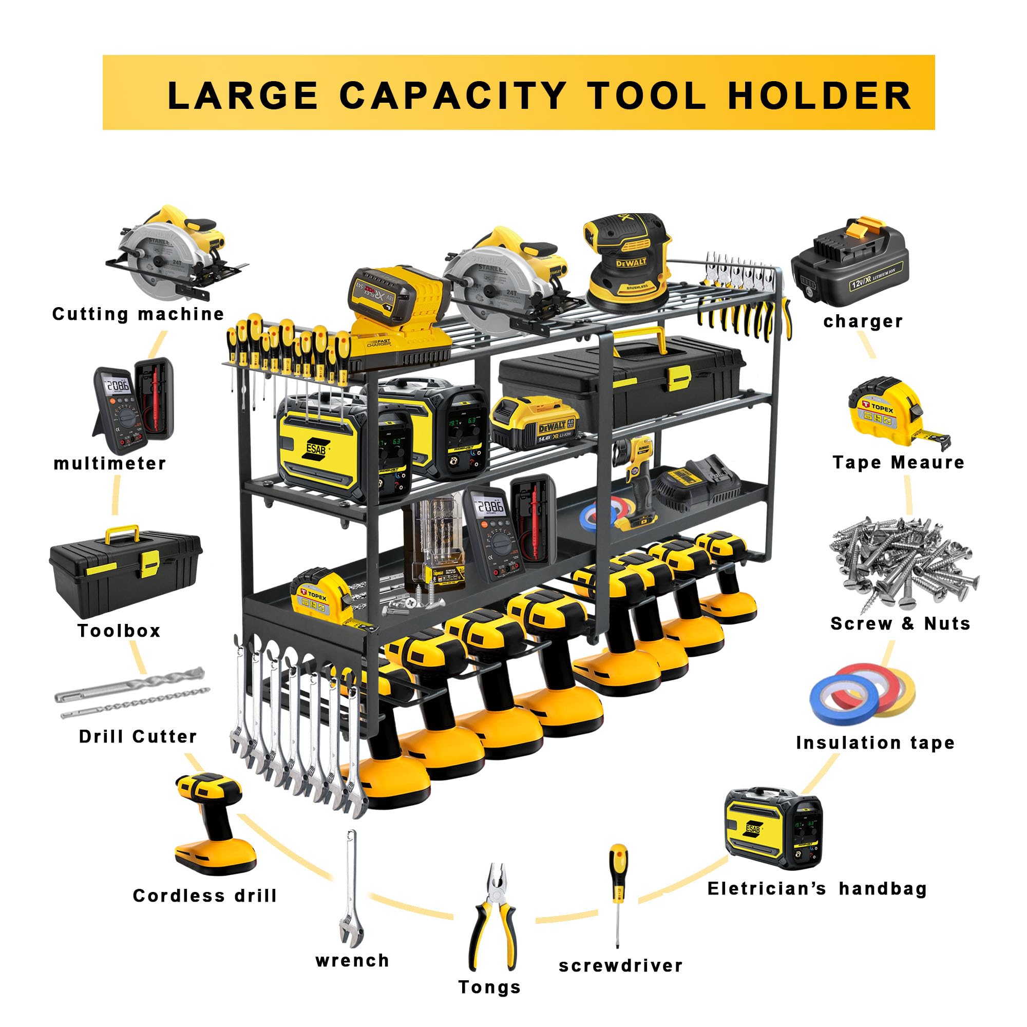 Power Tool Organizer Wall Mount, Metal Powder Drill Holder 8 Layer Tool Organizer and Storage for Garage Cordless Drill and Bit Screw