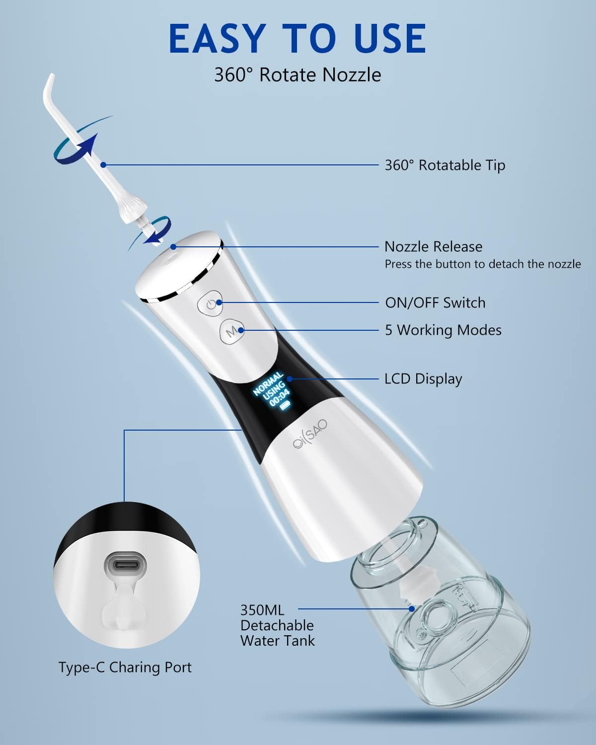 OILSAO Electric Toothbrush with Water Flosser,350ML Professional Flossing Toothbrush Electric Flosser Combo 2-in-1 Brushing & Flossing for Teeth Cleaning