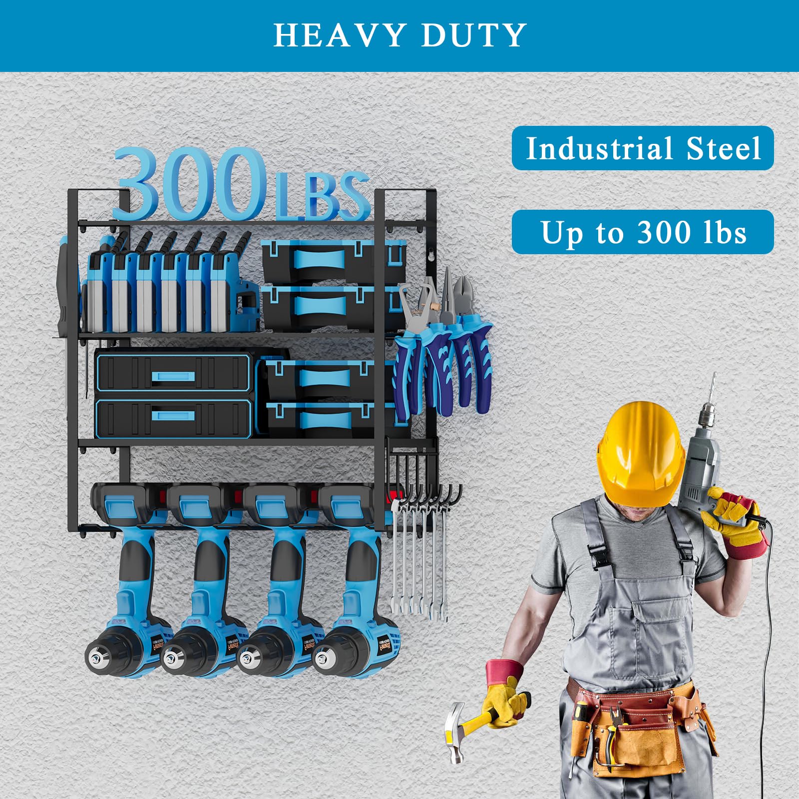 Power Tool Organizer Wall Mount, 4 Drill Holder 4 Layers Garage Tool Organizers and Tool Storage Rack, Heavy Duty Metal Tool Shelf with Screwdriver Holder Plier Holder Hammer Holder