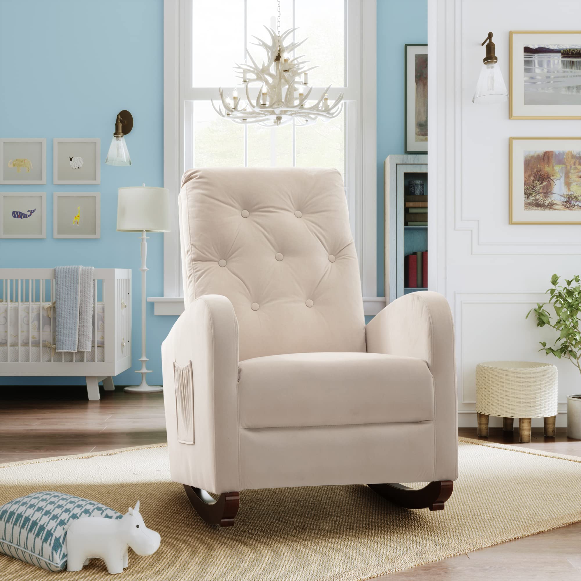 Merax Beige Modern Tufted Rocking Chair with High Back, Upholstered Baby Nursery Glider Rocker with Padded Seat, Set of 1