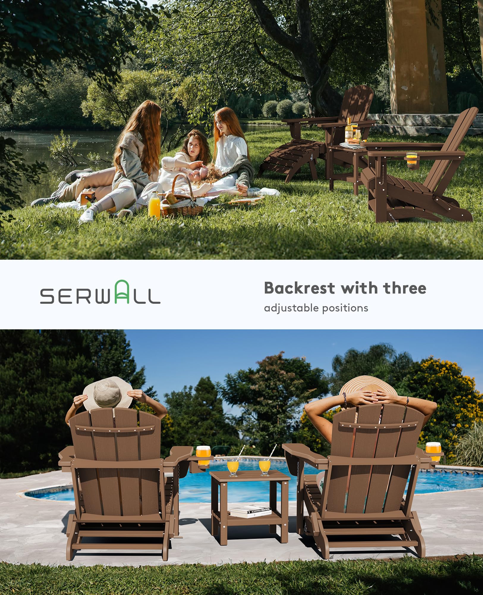 SERWALL 5-Piece Adirondack Chair and Ottoman and Table Set, Brown
