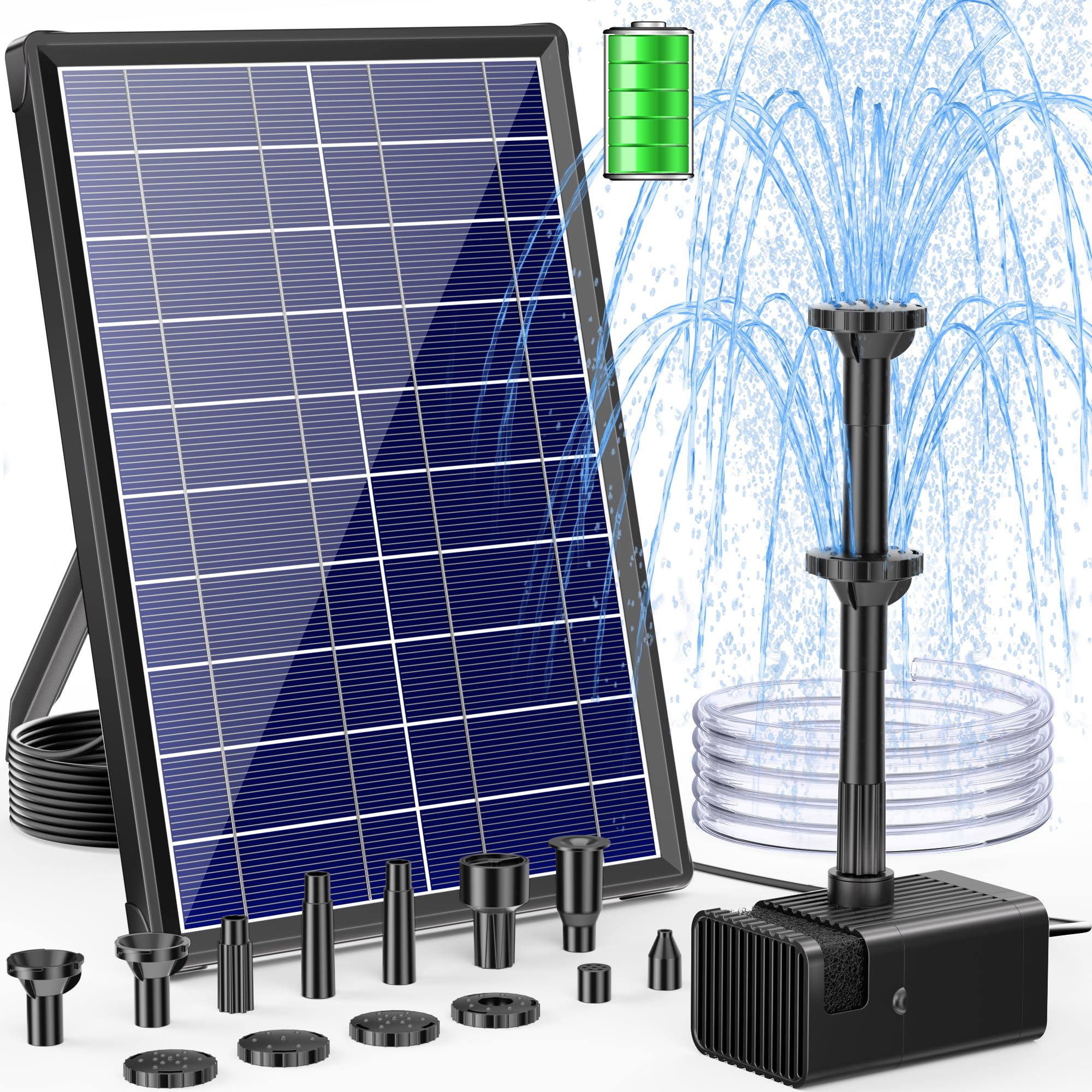 POPOSOAP Solar Fountain Pump with 3000mAh Battery Backup, 8W Solar Powered Bird Bath Fountain with Dry-run Protection & Double-layer Nozzles 5Ft Tubing for Pond, Bird Bath, Backyard Water Feature