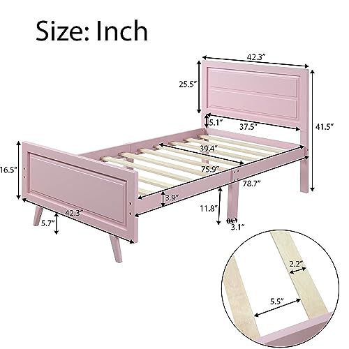 RIDFY Wood Twin Bed Frame with Headboard/Footboard, Modern Platform Camas Frame, Wood Slat Support Mattress Foundation/Noise Free/No Box Spring Needed/Easy Assemble (Pink)