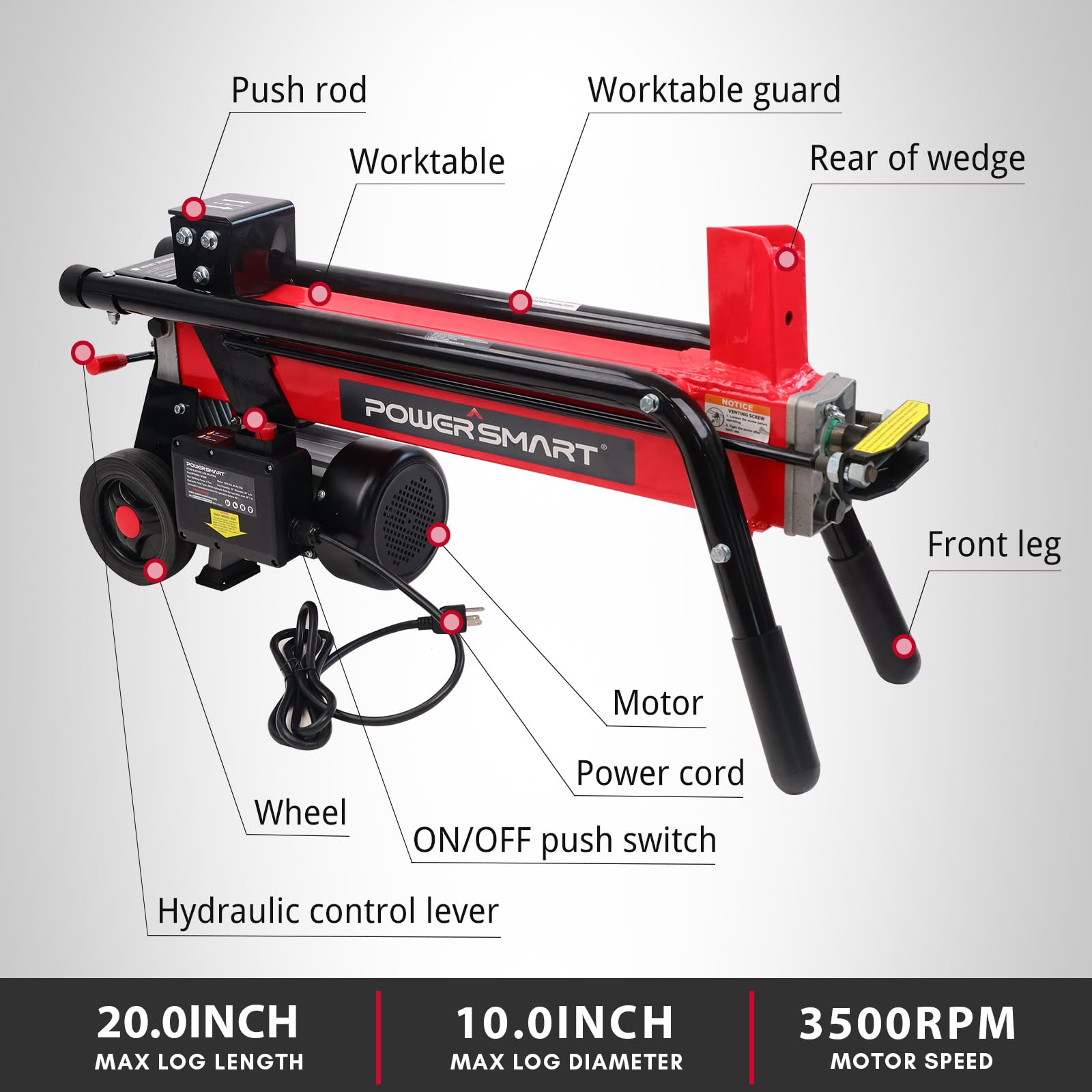 PowerSmart Electric Log Splitter 6-Ton - Efficient Wood Splitter with 3500 Motor Speed, 15 Amp, Horizontal Full Beam Design and Steel Wedge for Firewood & Kindling Cutting