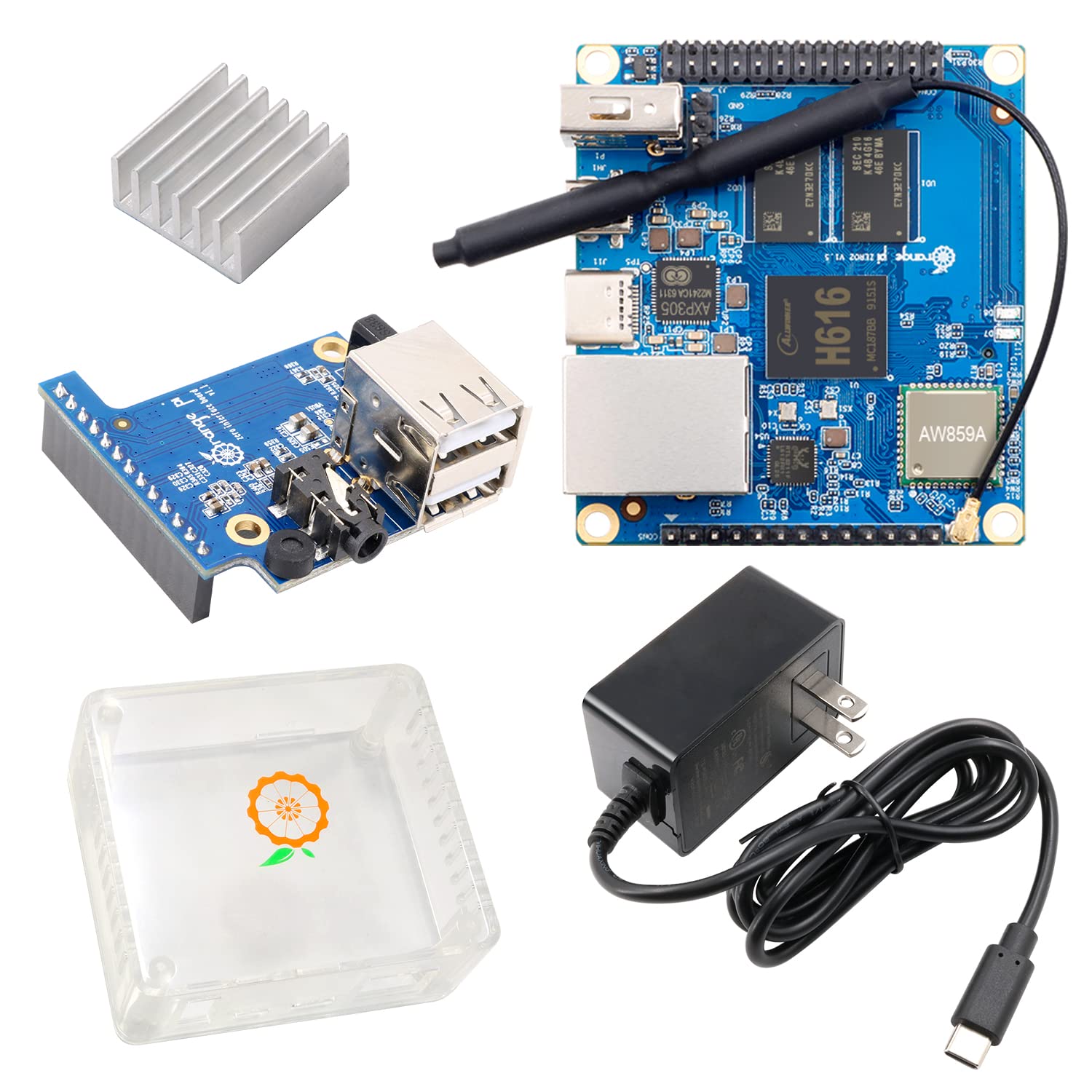 Orange Pi Zero2 1GB Allwinner H616 Quad Core 64 Bit with 2MB, Supported WiFi+BT5.0, Open Source Single Board Computer Run Android,Ubuntu,Debian OS (Zero 2+Case+Heat Sink+Power Supply+Expansion Board)