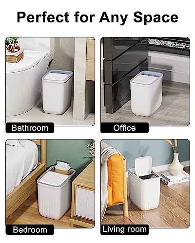 Runsand 3 Pack Small Bathroom Trash Can with Pop-Up Lid, 1.8Gal Slim Trash Bin with Storage Grid Lid, 7L Garbage Can Waste Basket for Bedroom, Laundry Room, Office, Dorms with White-Gray Colors