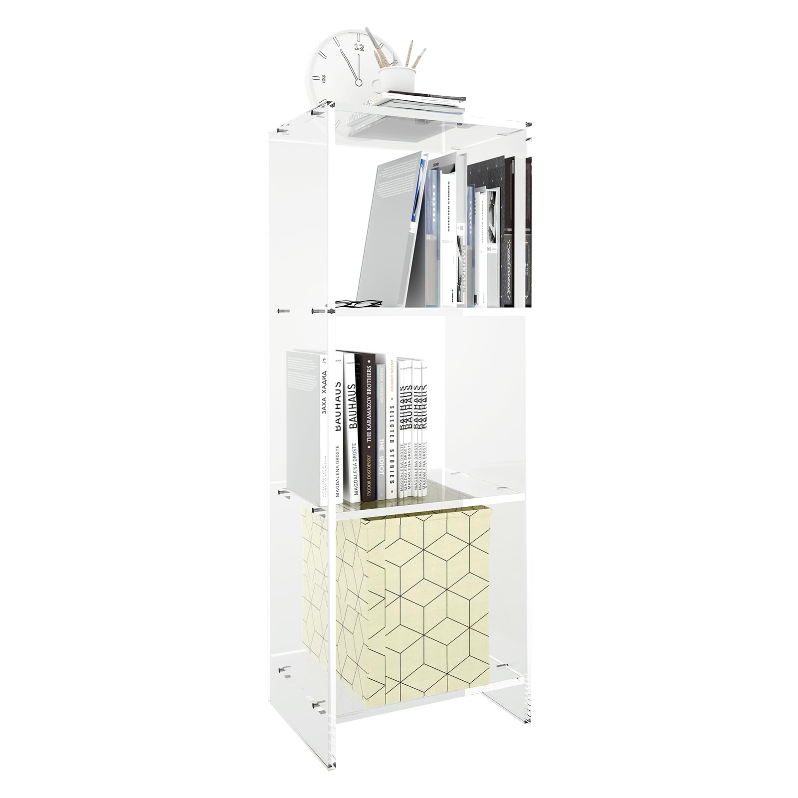 Nalwort Clear Acrylic Bookcase, 3-Tier Cube Storage Bookshelf, Modern Standing Display Bookshelf 31.5" Tall, Narrow Bookcase, Sturdy Open Book Shelf for Office, Living Room, Bedroom
