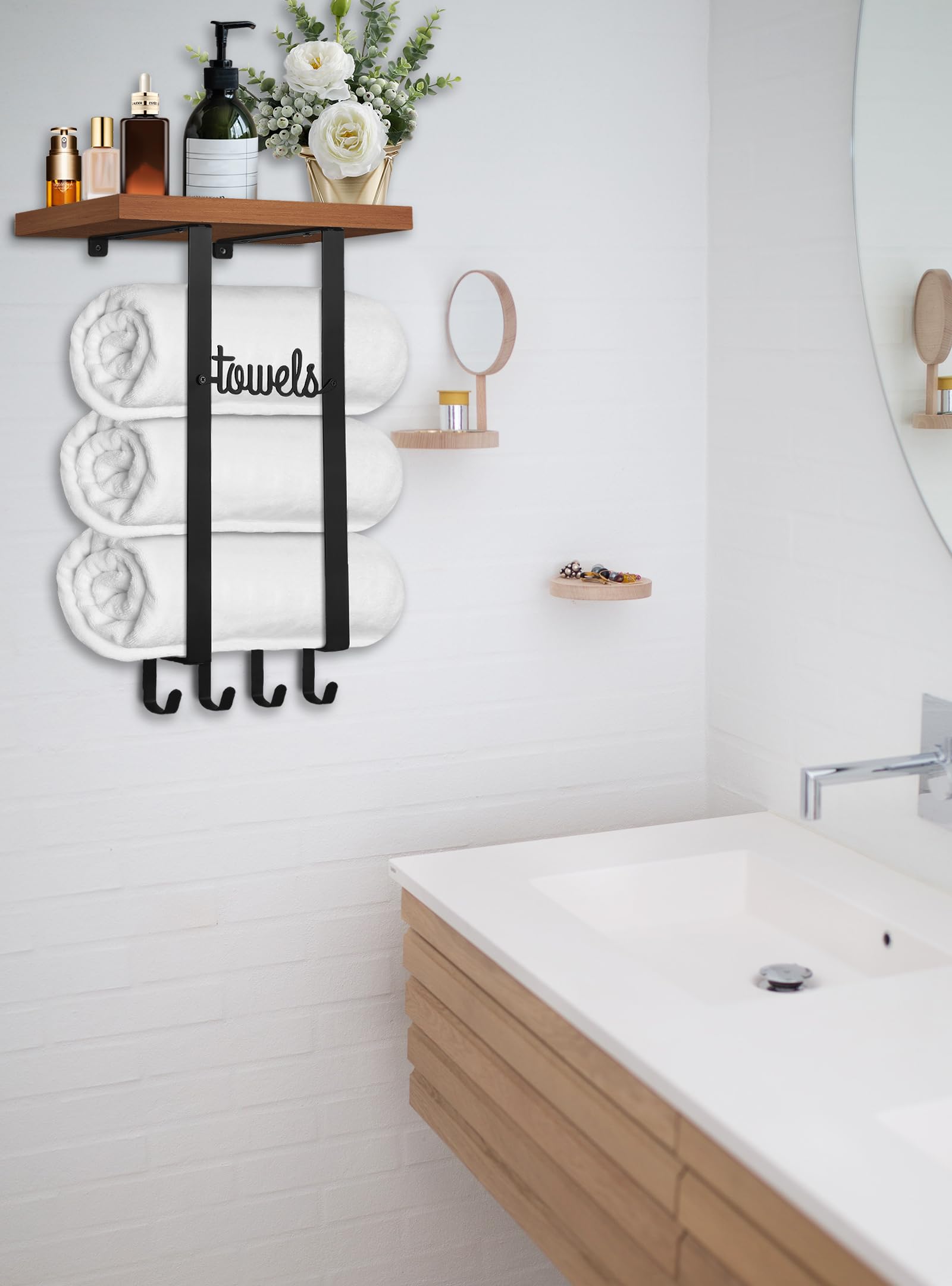 Towel Holder Bathroom Storage with Wooden Shelf and 4 Hooks Towel Rack Wall Mounted for Rolled Towels Towel Organizer for Narrow Bathroom Accessories and Decor