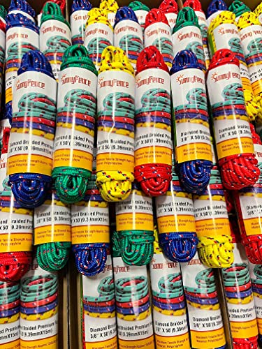 SunnyFence 3/8”, 200ft / 61m, (4 Packs X 3/8” X 50ft) Diamond Braided Polypropylene Premium Rope/Ropes Heavy Duty Rope with Red/Yellow/Blue/Green