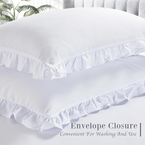 Tyfitb 100% Washed Cotton Duvet Cover Set, 3 Pieces Linen Feel Textured Soft Comfortable Breathable Bedding Set with Button Closure and Ruffled Fringe for All Season, Solid White, King, No Comforter