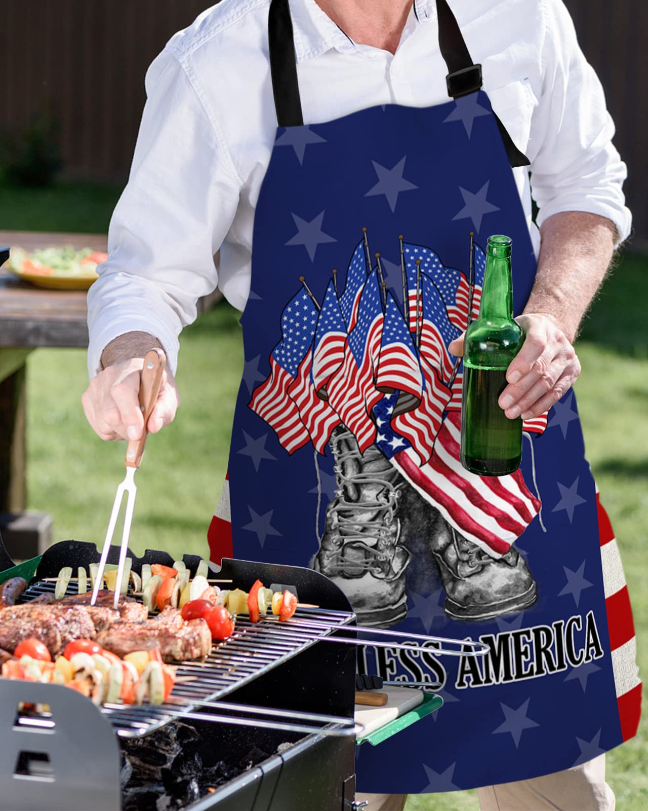 LAMANDA Kitchen Aprons for Women,Memorial Day Free Boots USA Flag Cooking Apron with Pockets Server Aprons Chef Apron for Men
