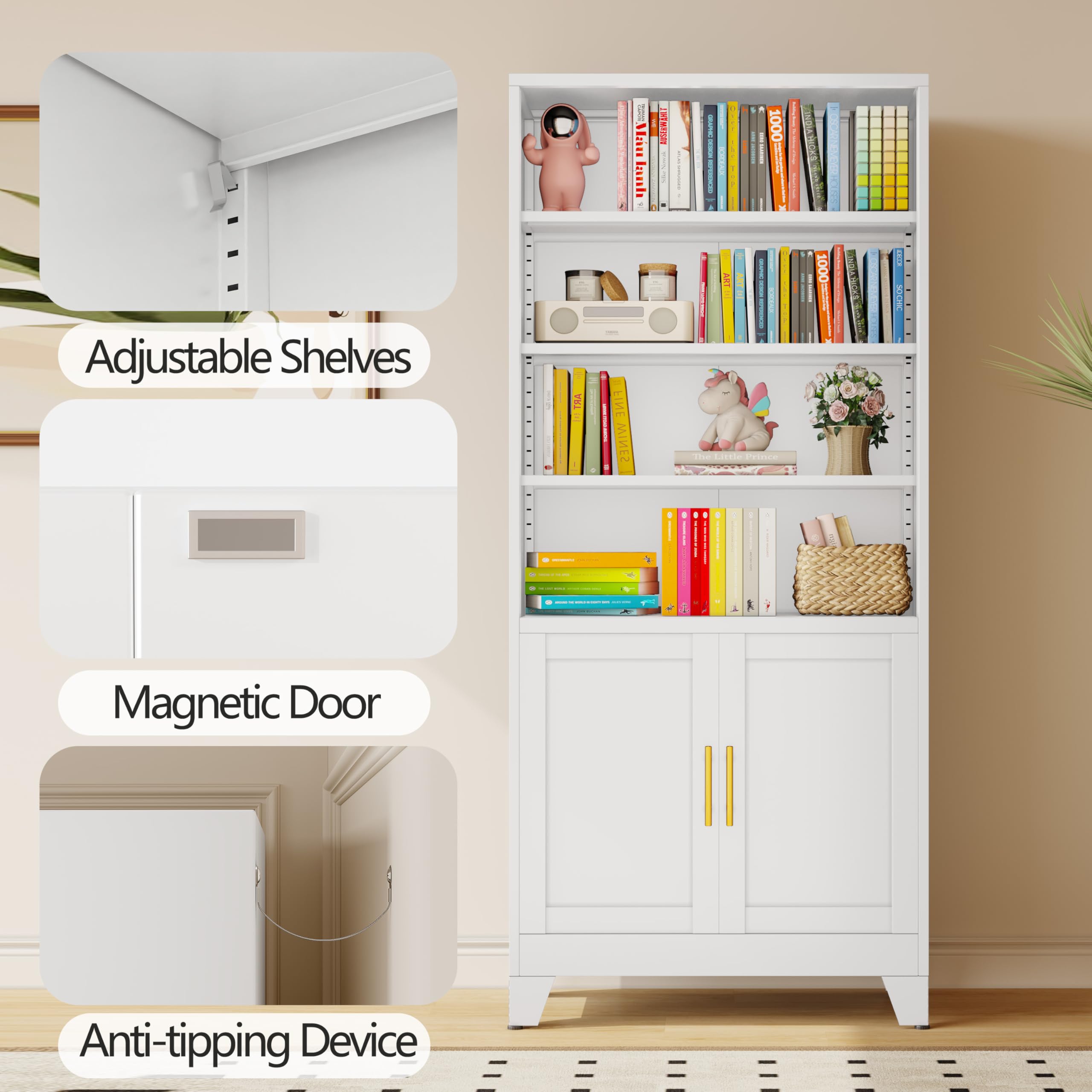 pozdeg 6 Tier Bookshelf and Bookcase, Metal Bookshelves with 4 Adjustable Shelves and 2 Doors, Floor Bookcase and Office Storage Cabinets for Office Study Livingroom Bedroom (White)