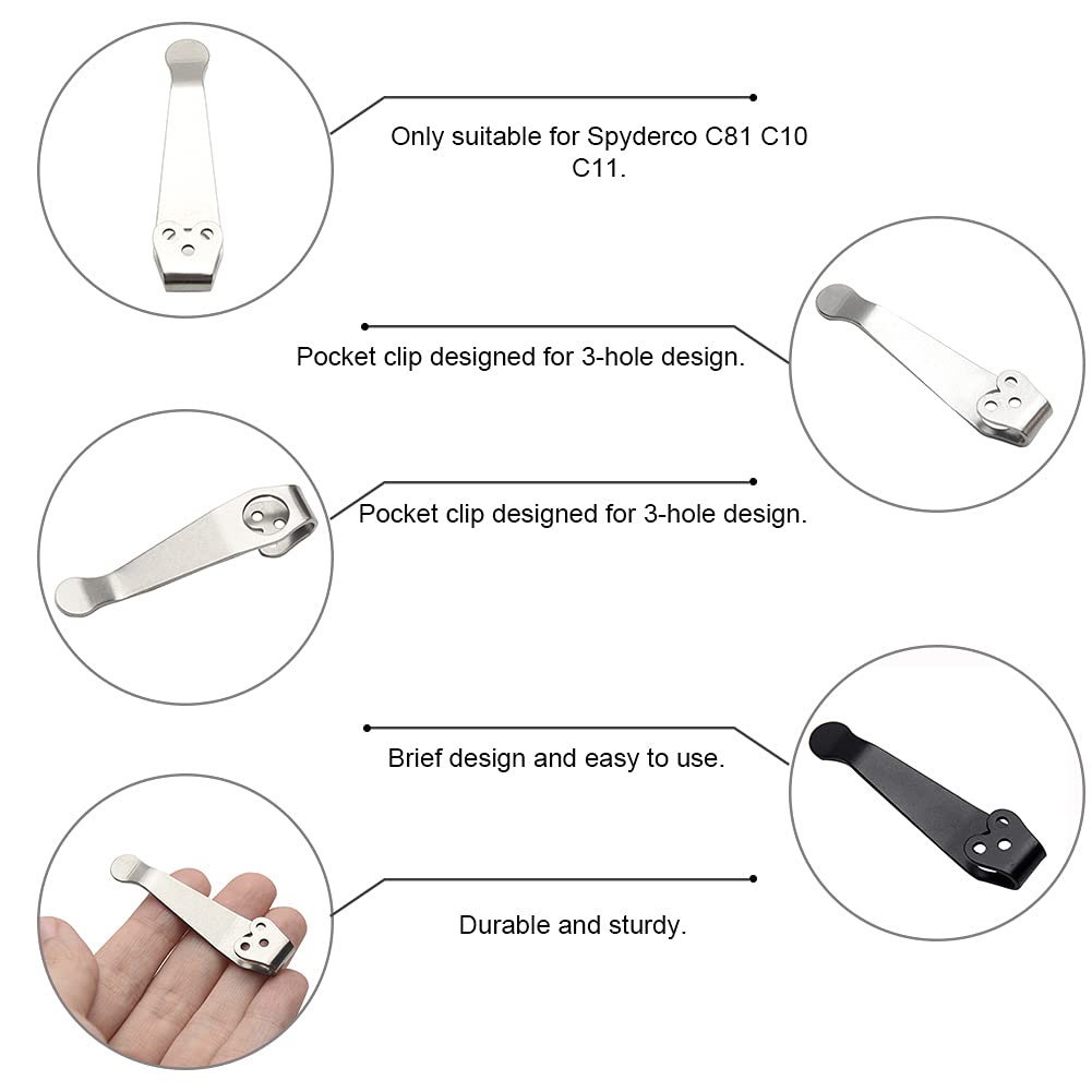 Pocket Back Clip for Spyderco C81 C10 C11, 3-hole Design Titanium Alloy Deep Carry Pocket Clip 53x12mm/2x0.5 inch, Not Screws Included, Easy to Replacement (Stonewash)