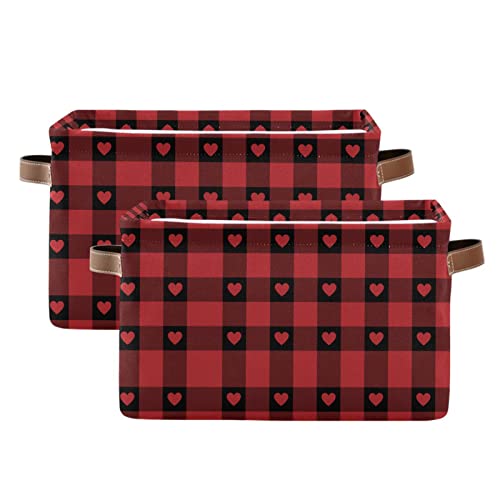 senya Valentine's Day Basket with Handles, Valentine's Day Red Buffalo Check Love Heart Foldable Fabric Collapsible Storage Bins Organizer Bag for Storage Clothes