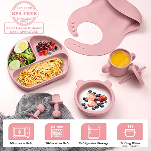 Silicone Baby Feeding Set, Baby Led Weaning Supplies with Suction Bowl Divided Plate, Toddler Self Feeding Dish Set with Spoons Forks Sippy Cup Adjustable Bib, Eating Utensils for 6+ Months(Pink)