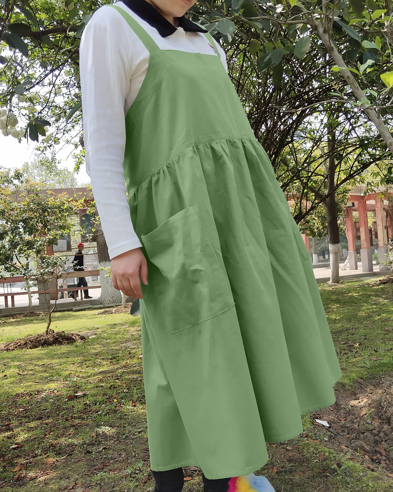 losofar Cotton Linen Square Dress Overalls Kitchen Gardening Solid Color Apron Flower Shop Smock (Green, 92cmx110cm)