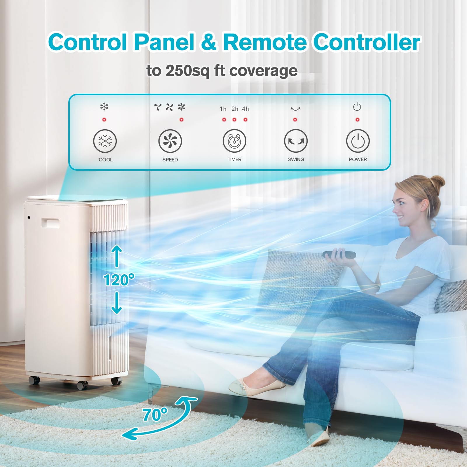 Portable Air Conditioner Ac Unit,BEBEGINE Evaporative Swamp Cooling Fan with Humidifier,3-IN-1 windowless Ventless cooler for Room Offices,Remote,3 Speed,7H Timer,3L Water Tank,3 Ice Pack, Large