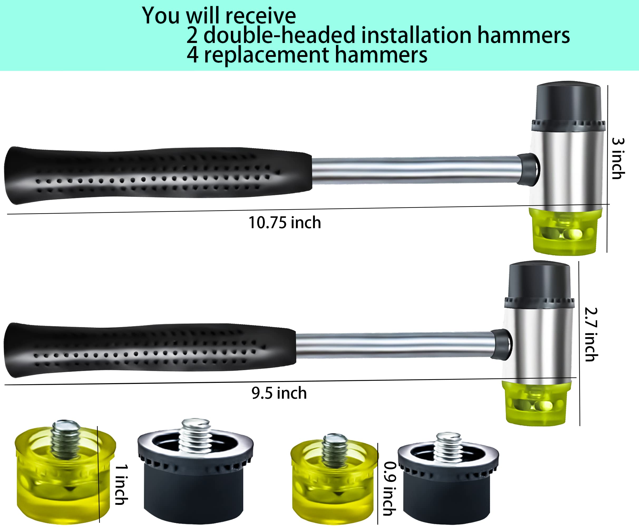 MotBach 2 Pack Double Head Plastic and Rubber Hammer, Double-Faced Soft Hammer(25mm and 35mm) with 4 Pcs Replacement Head(25mm and 35mm) for Jewelry, Leather Crafts, Wood, Flooring Installation