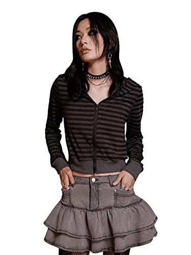 Verdusa Women's Punk Rock Striped Print Zip Up Cropped Hoodie Sweatshirt Shirt Y2K Top Multicolor L
