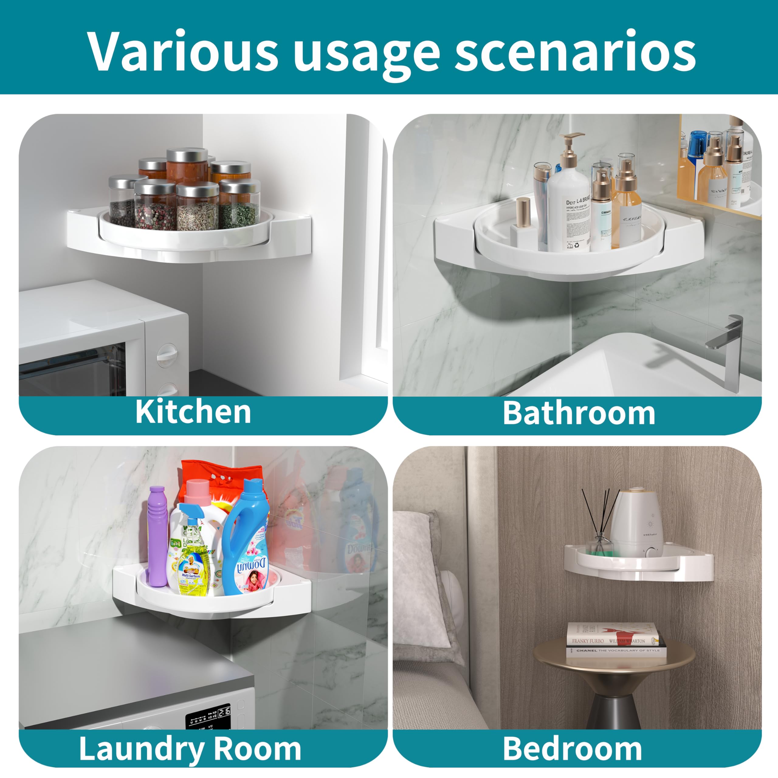 TOYOOSKY Shower Corner Caddy, 2 Pack 360° Rotate Shower Lazy Susan Turntable Organizer, No Drilling Adhesive Inside Corner Shower Caddy Hanging Shelves Rack Storage for Bathroom Wall,Dorm,Kitchen