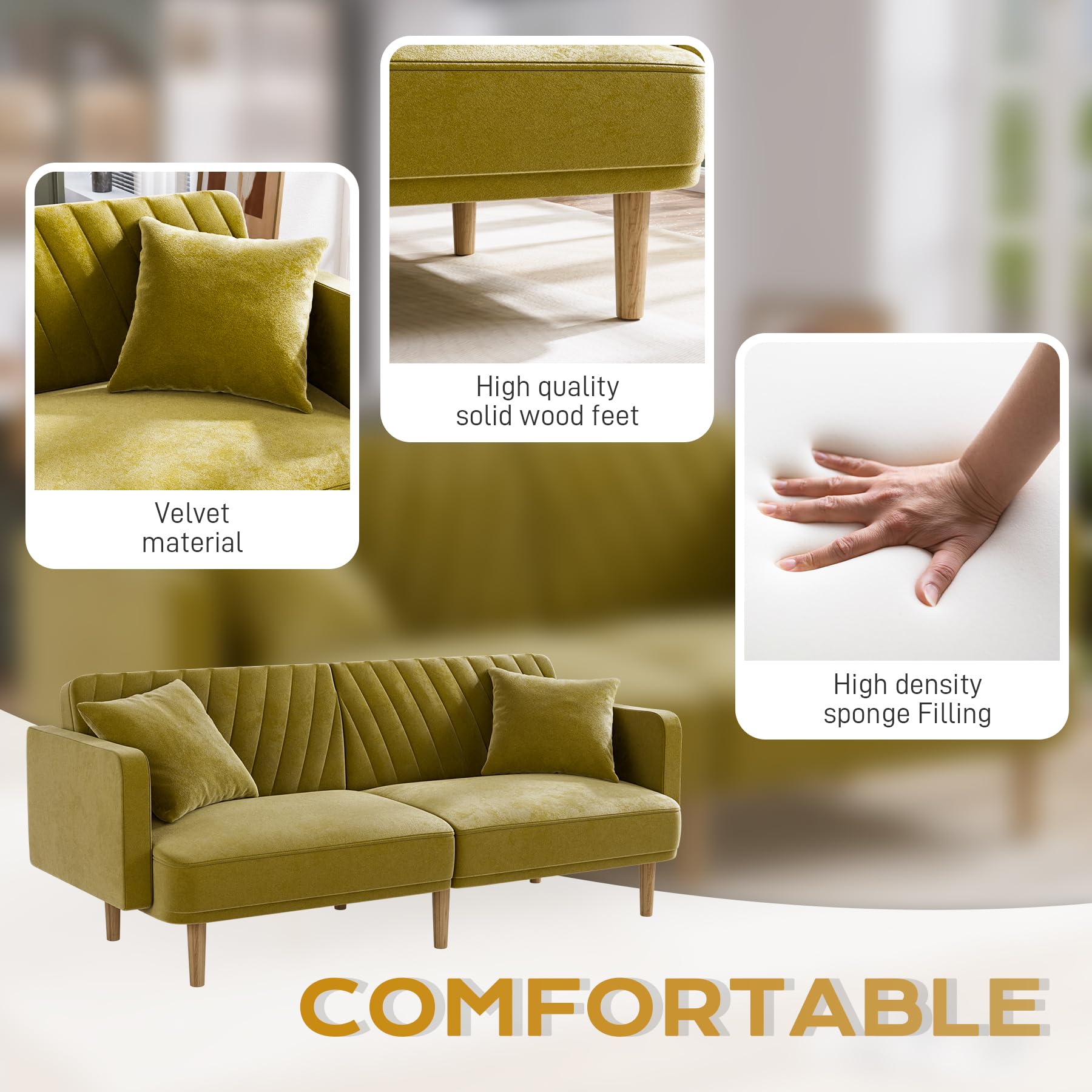 OUYESSIR Futon Sofa Bed, Convertible Sleeper Sofa with Wood Legs, 75.3β Splitback Sofa with 2 Pillows, Velvet Futon Couch for Living Room (Olive Green)