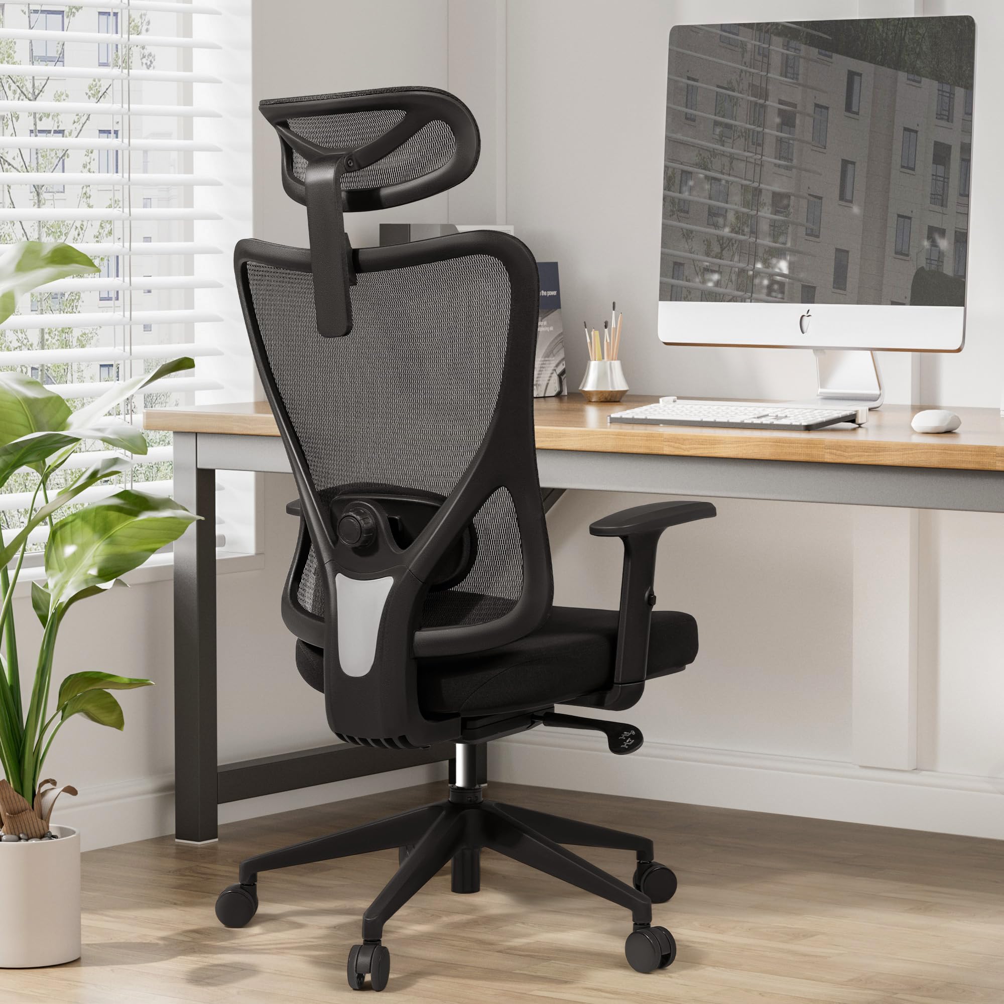 Shahoo Ergonomic Mesh Office Chair with High Back & Adjustable Headrest & Lumbar Support & 2D Armrests & Tilt Function & PU Wheels, Swivel Computer Task Seat for Big and Tall People, Black