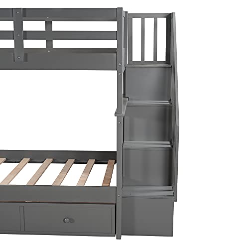MERITLINE Twin Bunk Bed with Storage Drawer, Wood Twin Over Twin Bunk Beds with Stairs, Low Bunk Beds Frame for Teens Boys Girl(Grey)