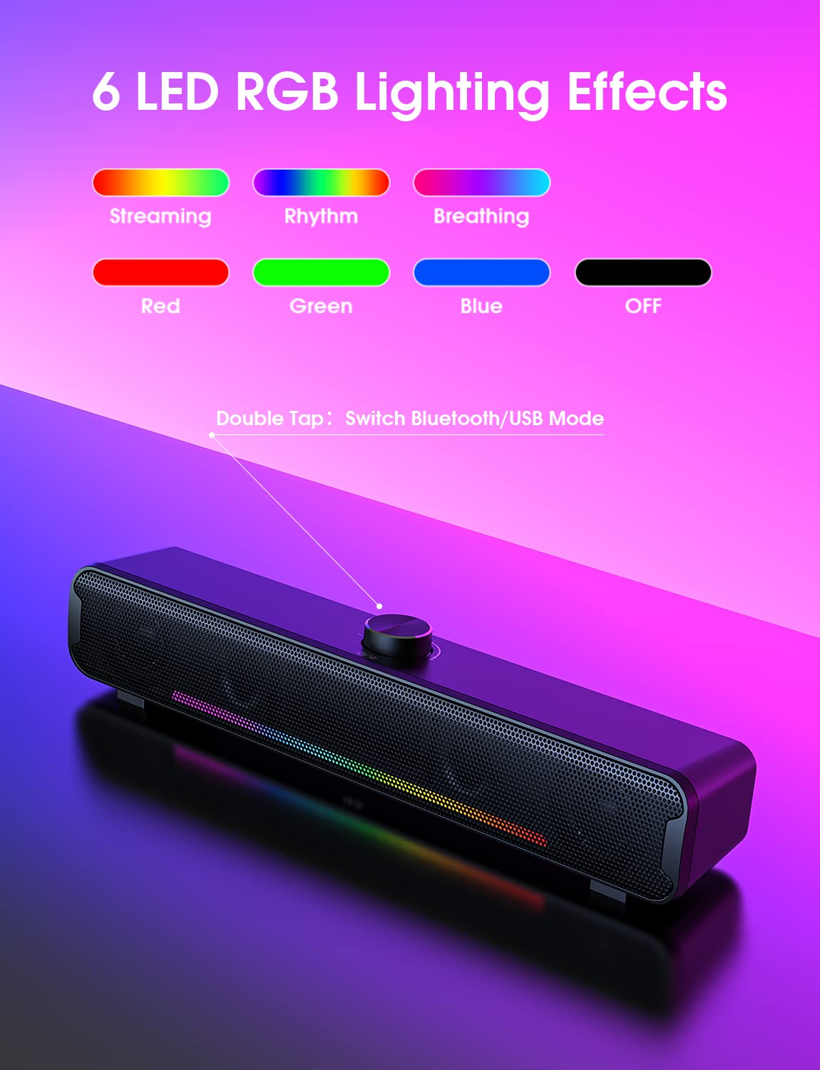 NOOTRY Computer Speakers, Bluetooth RGB Laptop SoundBar, 16W Dual HiFi Stereo with 6 LED Color Mode Soundbar, USB Powered Computer Speakers for Monitor, Phone, PC, Laptop