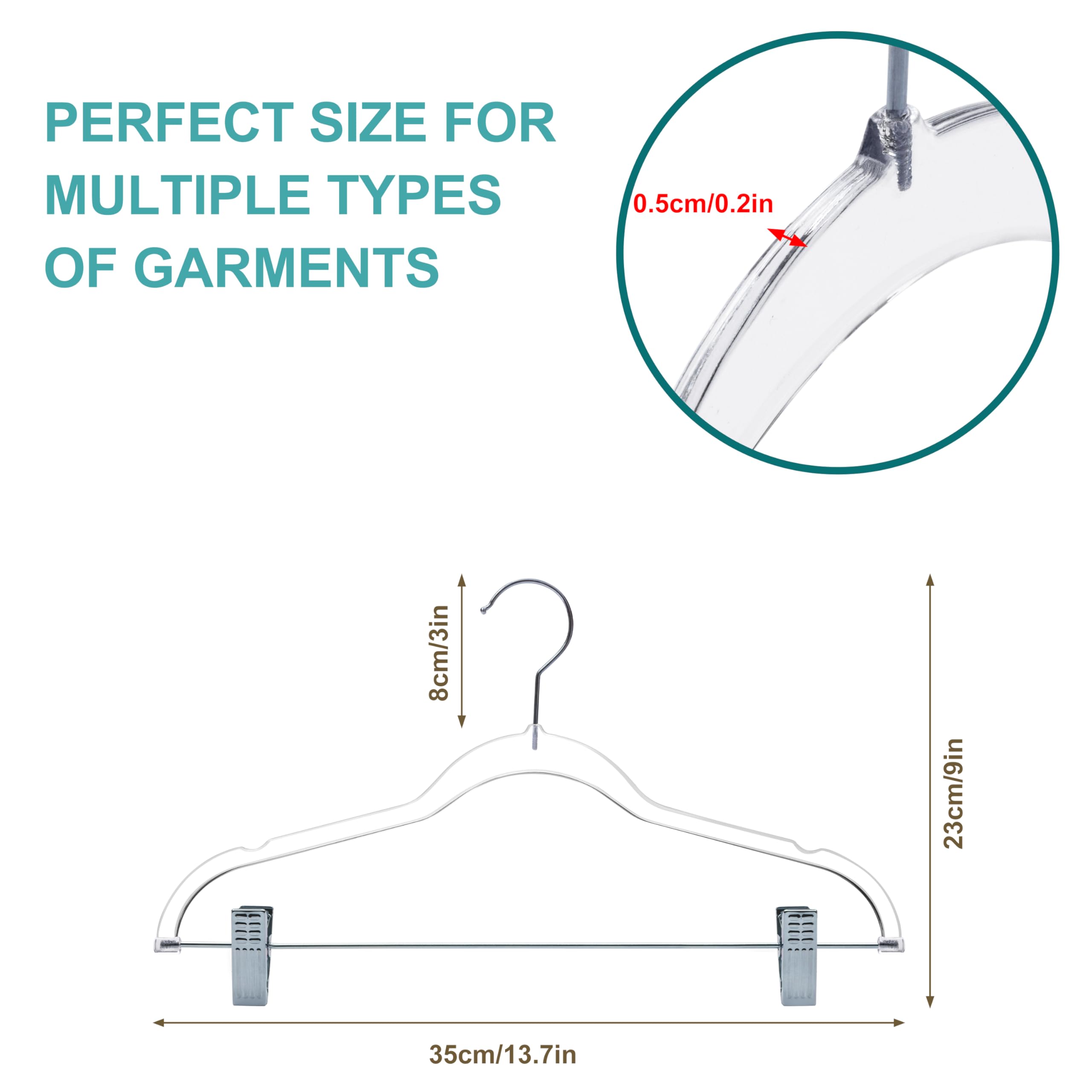 Quality Clear Kids Pants Hangers with Clips 20 Pack | Heavy Duty Skirt Hangers with Swivel Hook and Notches | Space Saving Kids Clip Hangers for Pants | 13.7 Inch (20, Clear)