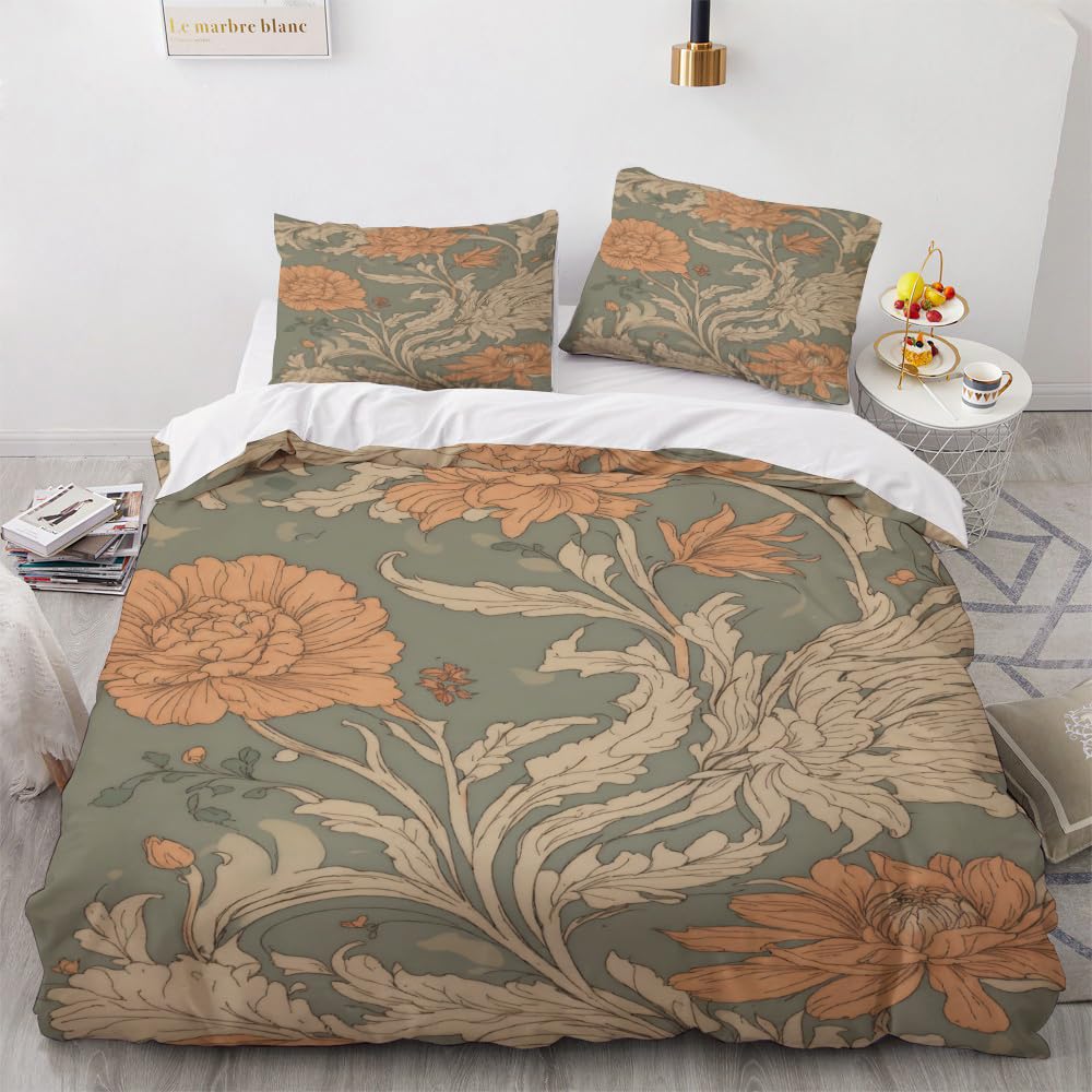Soft Microfiber Flower Bird Duvet Cover Oversized King Size 70s Retro Bedding Set - 3-Piece with Zipper, 2 Pillowcases - Patterned Comforter Cover for Boy and Girl Bedroom Decoration