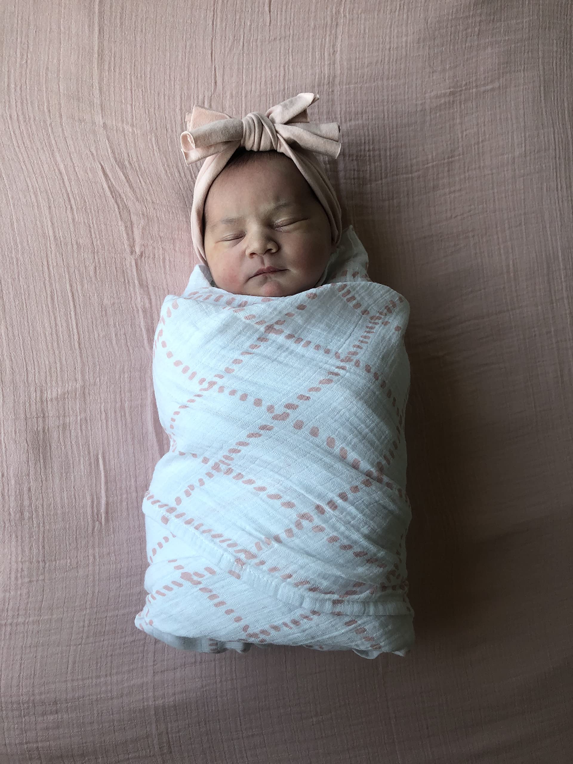 Muslin Swaddle Blankets 2-Pack 100% Muslin Cotton Swaddle Receiving Wrap Blankets (47 X 47 inches) Gift for Baby Girl (Pink Grid Lines & Solid Pink) (Pink)