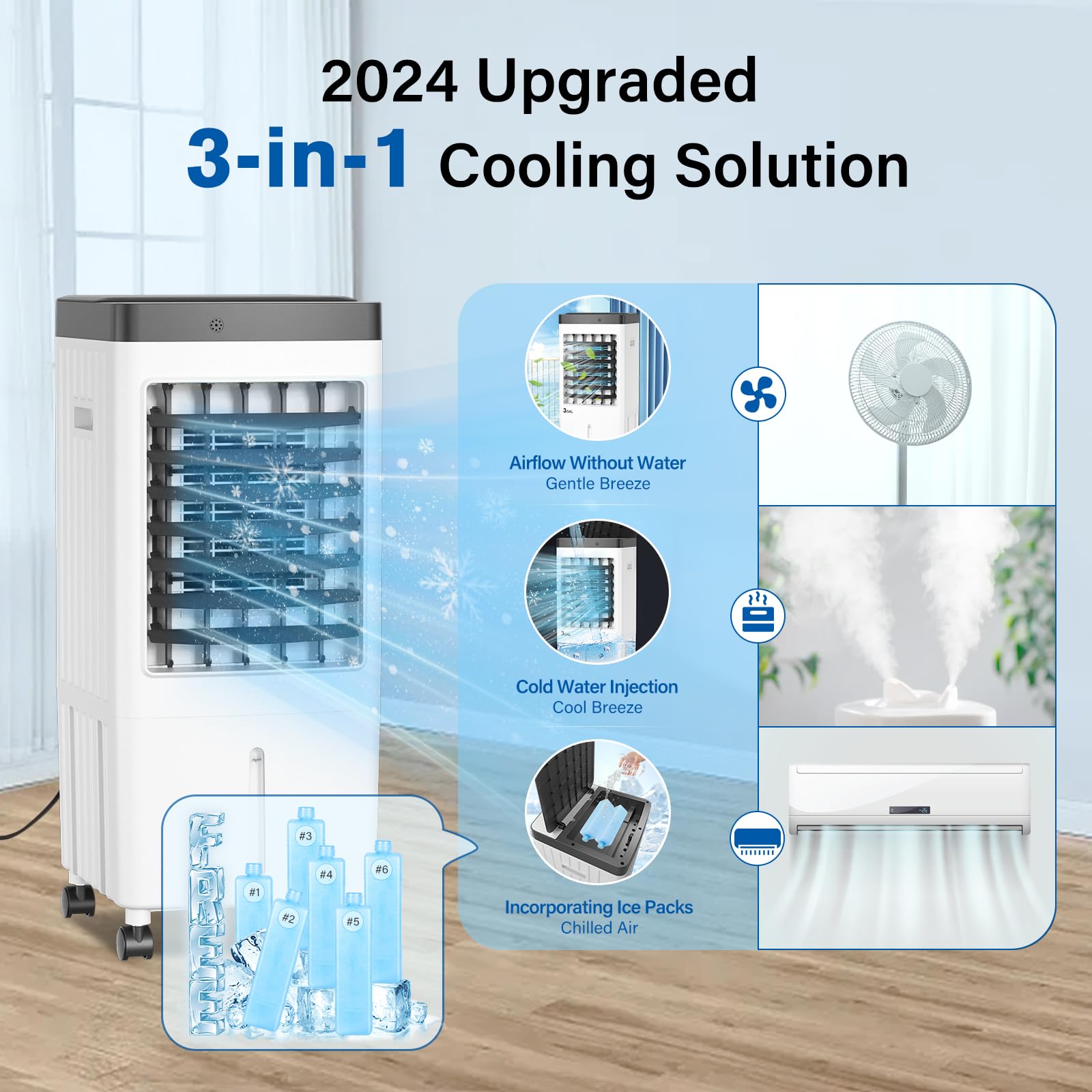 Portable Air Conditioners with 3 Gal Water Tank,20H Cooling Time Swamp Cooler,Air Conditioner Portable for Room with 78-Inch Extension Cord,Ideal for Office/Room/Garage/Kitchen/(Include 6 Ice Packs)74
