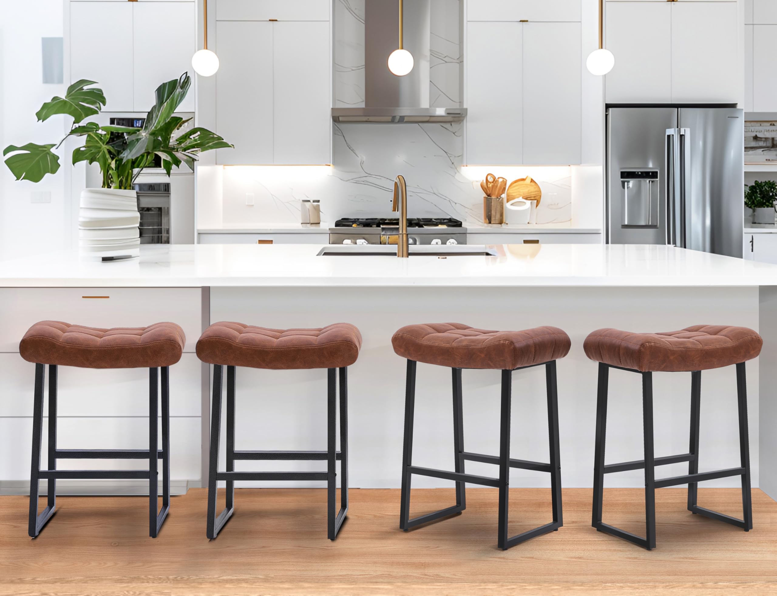 RNKSFX White & Gold Counter Height Bar Stools Set of 3 for Kitchen Counter Modern Backless Barstools with Upholstered Faux Leather Seat and Metal Frame Industrial 24 inch Bar Chairs