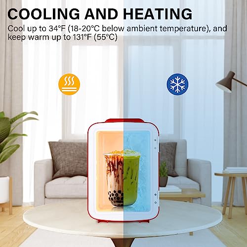 Simple Deluxe Mini Fridge, 4L/6 Can Portable Cooler & Warmer Freon-Free Small Refrigerator Provide Compact Storage for Skincare, Beverage, Food, Cosmetics, Red