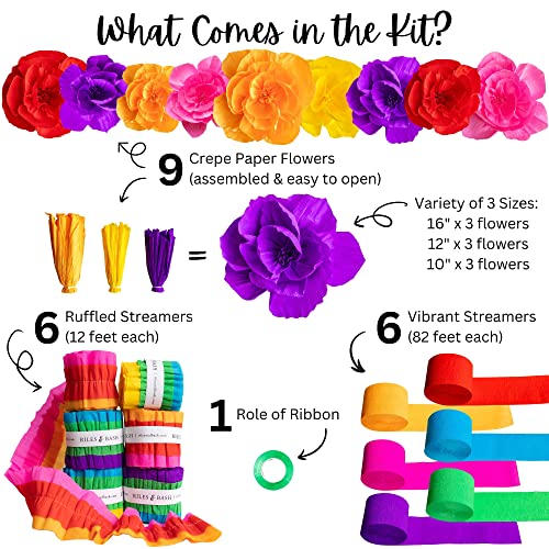 Riles & Bash Fiesta Streamer Backdrop with Crepe Paper Flowers and Ruffled Streamers (Fiesta)